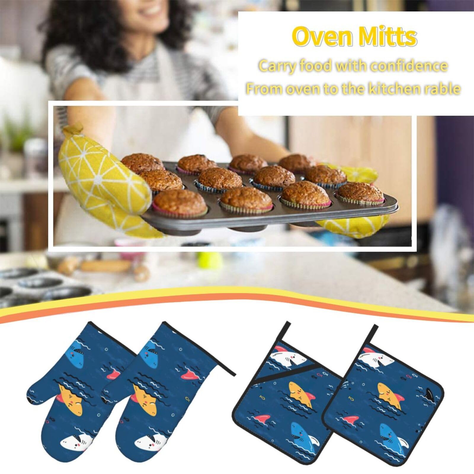Shark Kitchen Baking 4-Piece Set–Heat Resistant Oven Mitts and Pot Holders Kitchen Hot Pads