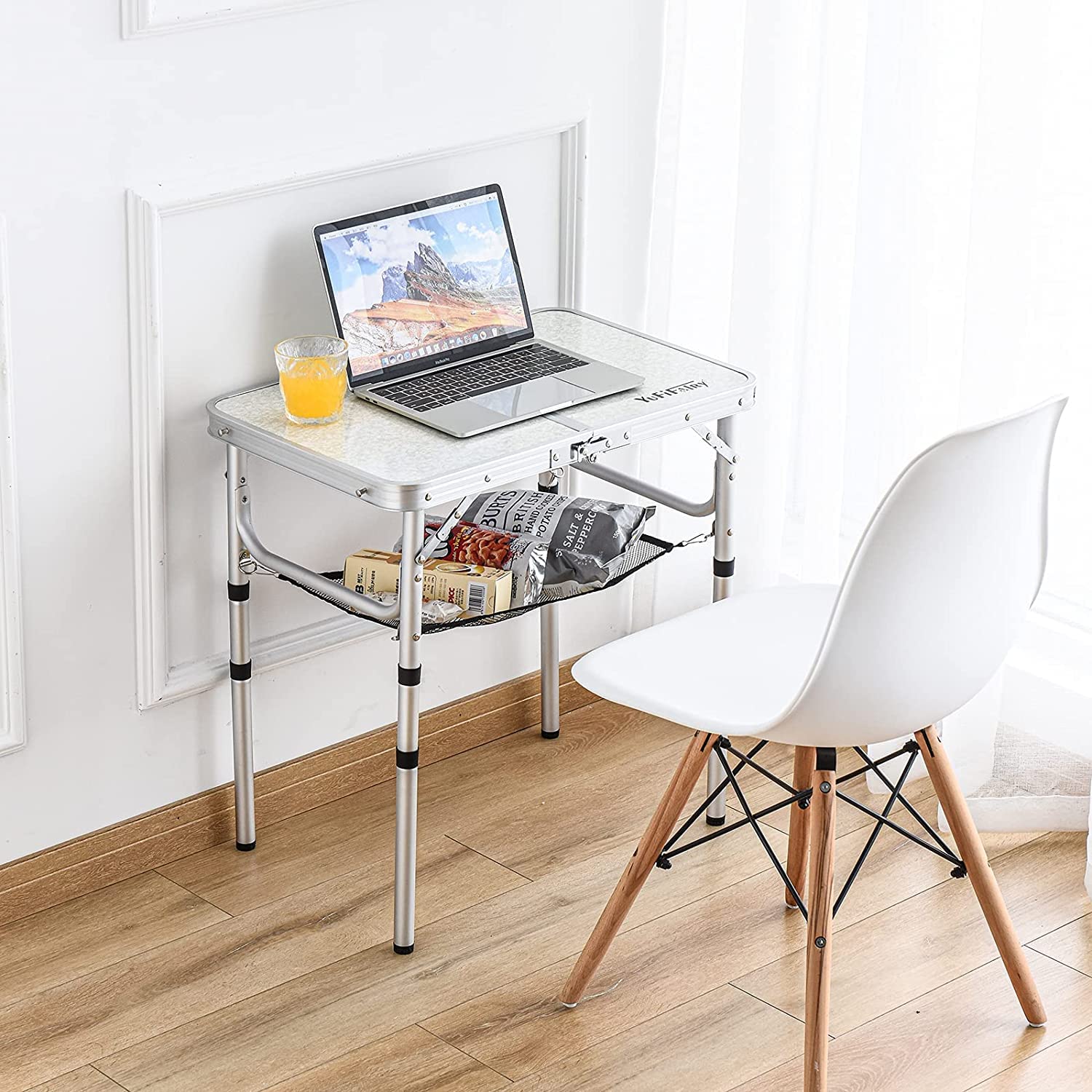 Small Folding Table 2 Foot, Portable Camping Table with Mesh Holders,Lightweight Aluminum Adjustable Height, with Carry Handle for Camping Picnic Indoor Outdoor, White 24 x 16 inch (3 Heights)