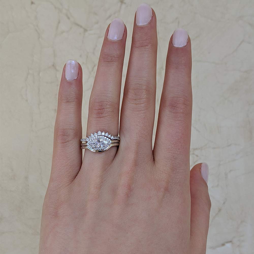 TwoBirch 18k White Gold Microplated East West Marquise Three Ring Bridal Set with Plain Contour Band and Tiara Prong Style Curved Ring (925 Silver, Size 7)