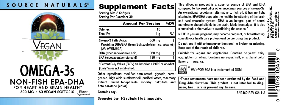 Source Naturals Vegan Omega-3s, Non-Fish EPA-DHA, for Heart and Brain Health Support* 300 mg - 60 Vegan Softfgels