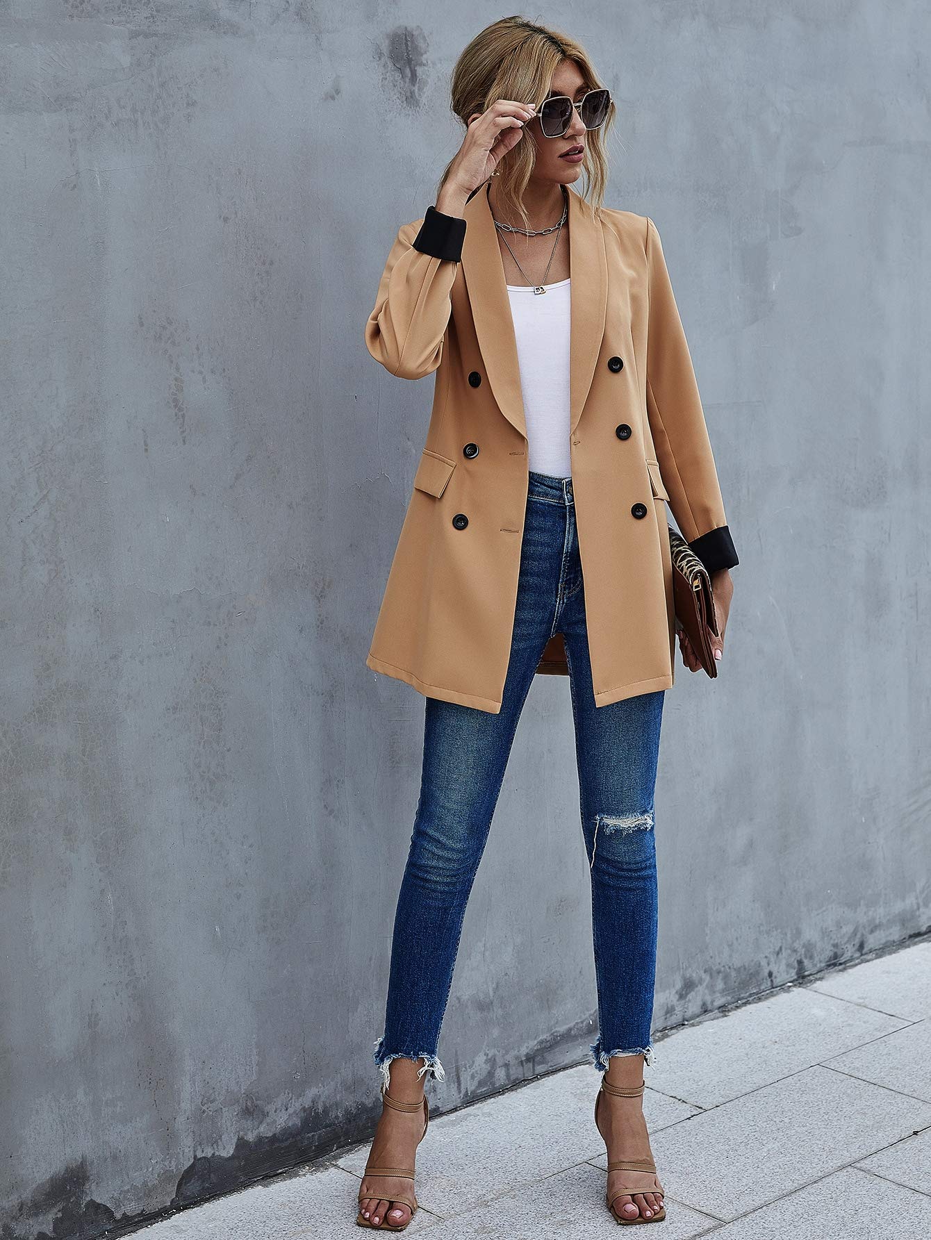 SheIn Women's Long Sleeve Double Breasted Long Blazer Shawl Collar Button Jacket Khaki Small