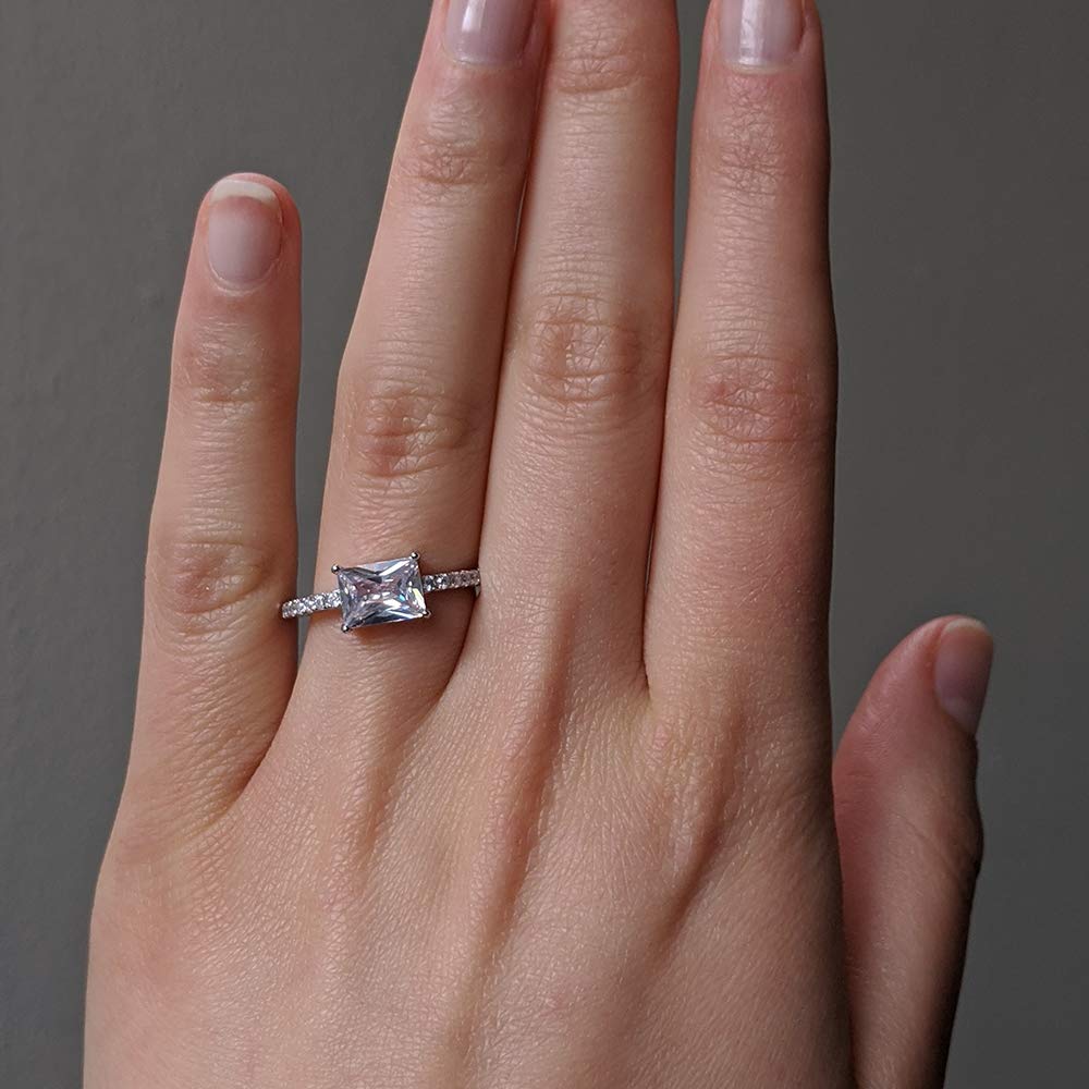 TwoBirch East West Baguette Cut Prong Set Engagement Ring in 18k White Gold Plated Sterling Silver and Cubic Zirconia (Size 8)