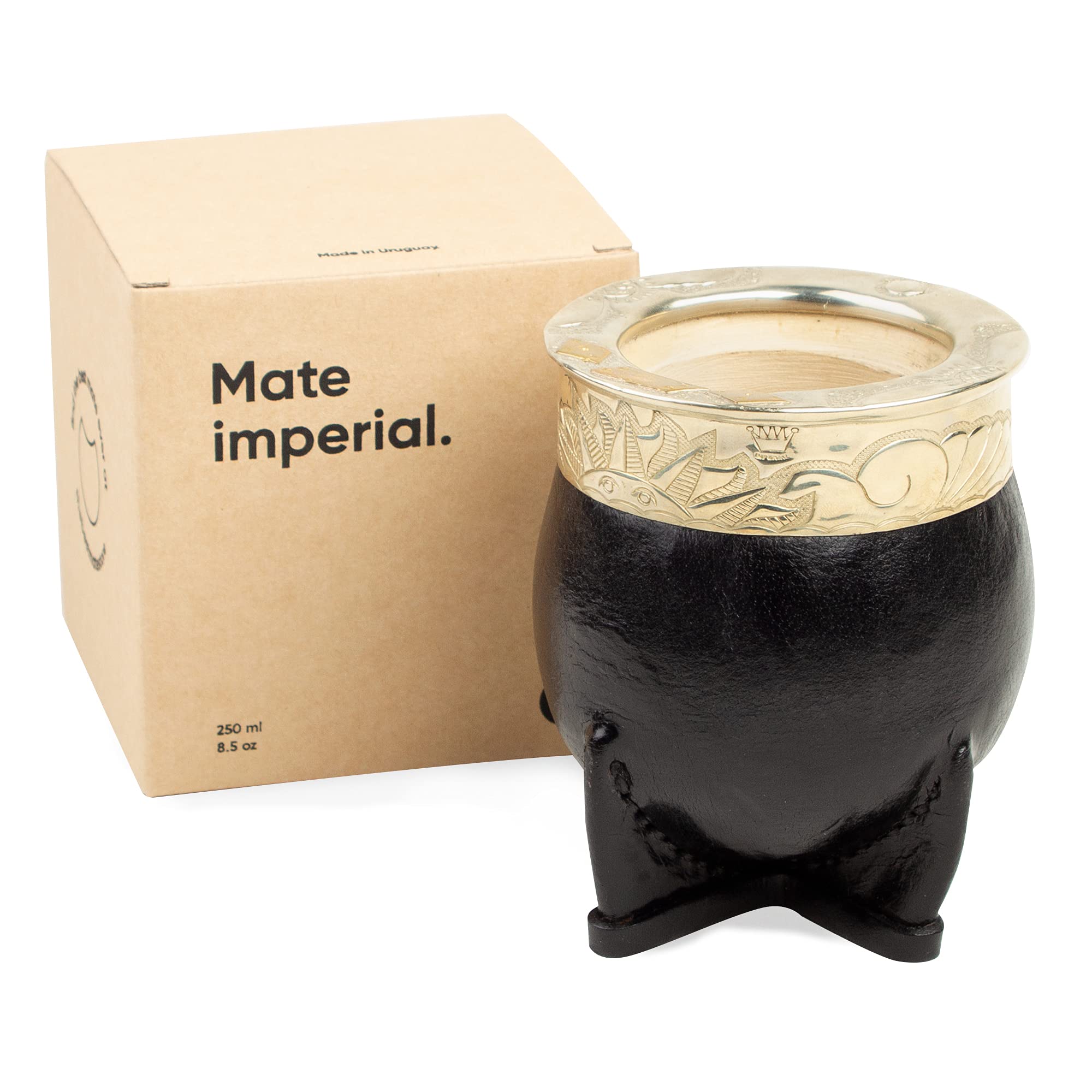 thebmate [Premium Yerba Mate Gourd Original Natural Calabash Teacup β Black Leather Wrapped Handmade in Uruguay - Mate Imperial