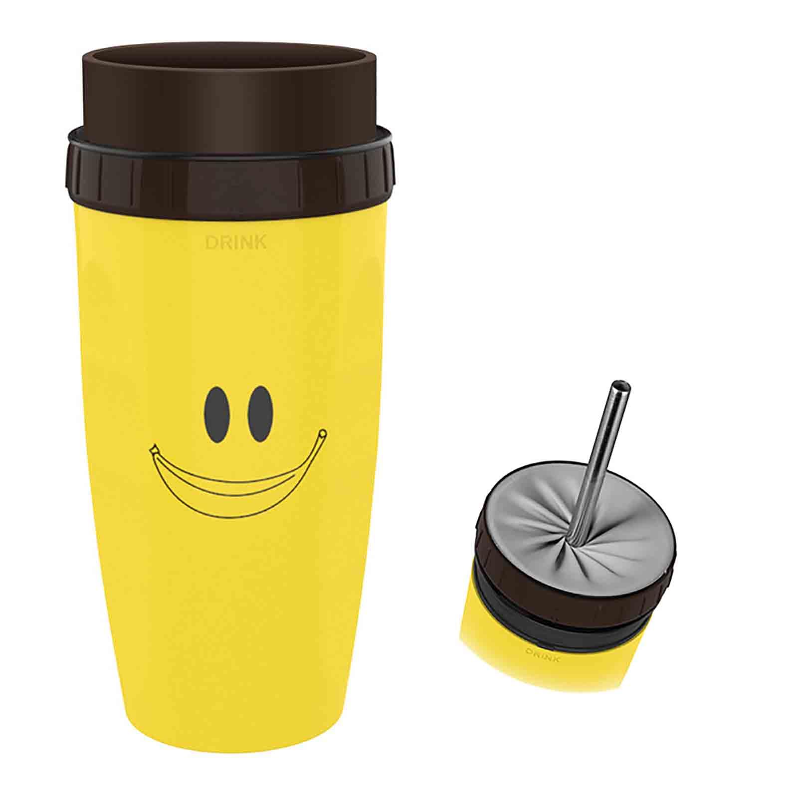 Twizz Cup 11oz, Twizz Travel Mug with Straw 300ml, Twizz Coffee Cup, Twizz Insulated Cups Unique Twist Leak-Proof Design, Twizz Coffee Cup Aperture Mug with Straw Double Silicone (Smile Face, Yellow)
