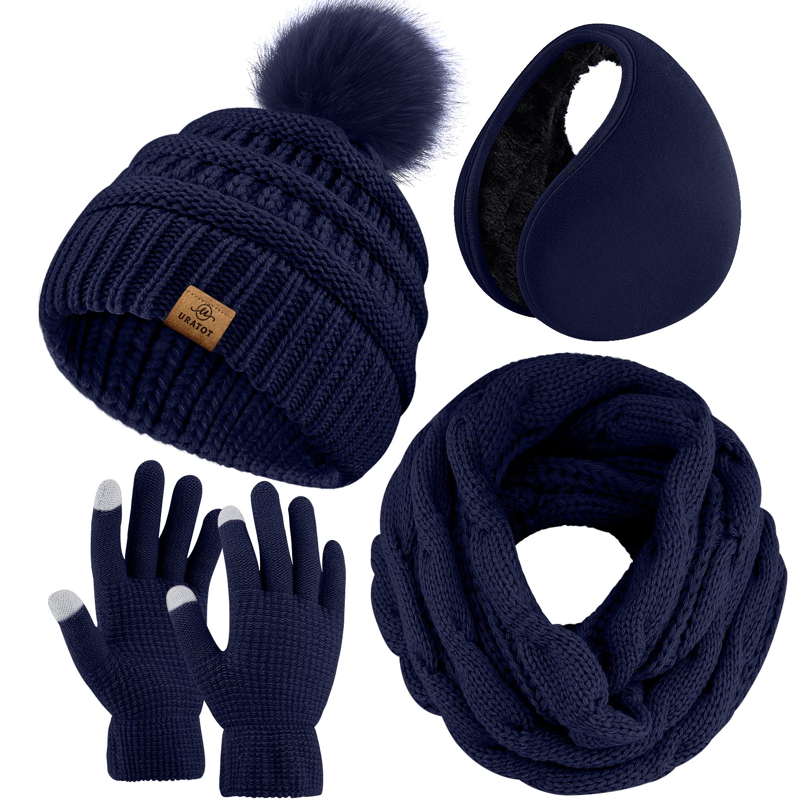 URATOT Winter Warm Sets Knitted Scarf Beanie Pompom Hat Touch Screen Gloves and Winter Ear Warmer Set for Men or Women