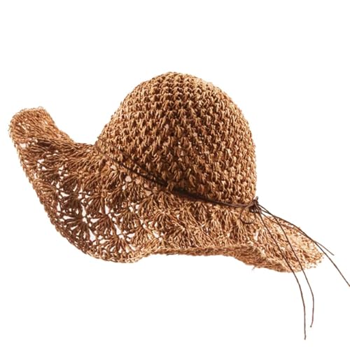 Sun Straw Hats for Women Foldable Floppy Beach Summer Hats Oversized Weave Wide Brim Bowknot Lace for Ladies Brown