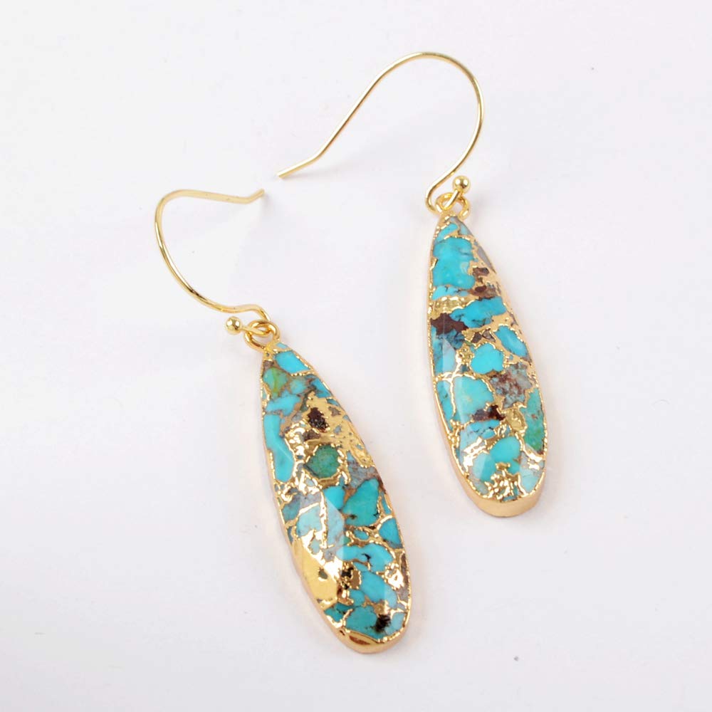 ZENGORI 1 Pair Long Teardrop Natural Turquoise with Line Fish Hook Drop Dangle Earrings G1547-E