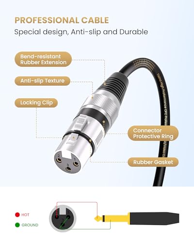 tisino Female XLR to 1/4 (6.35mm) TS Mono Jack Unbalanced Microphone Cable Mic Cord for Dynamic Microphone - 10 FT/3 Meters