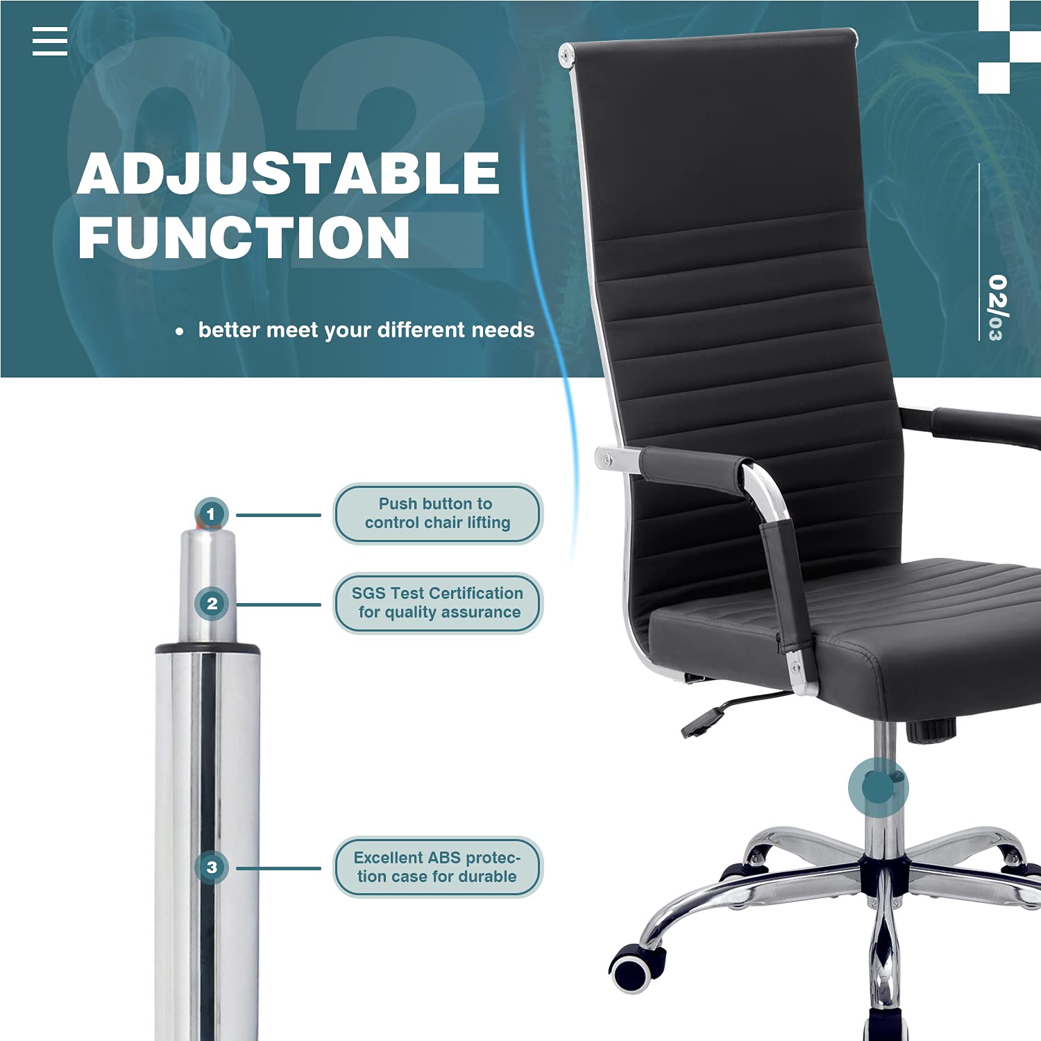 VICTONE Ribbed Office Chair High Back PU Leather Executive Conference Chair Adjustable Swivel Chair (Black)