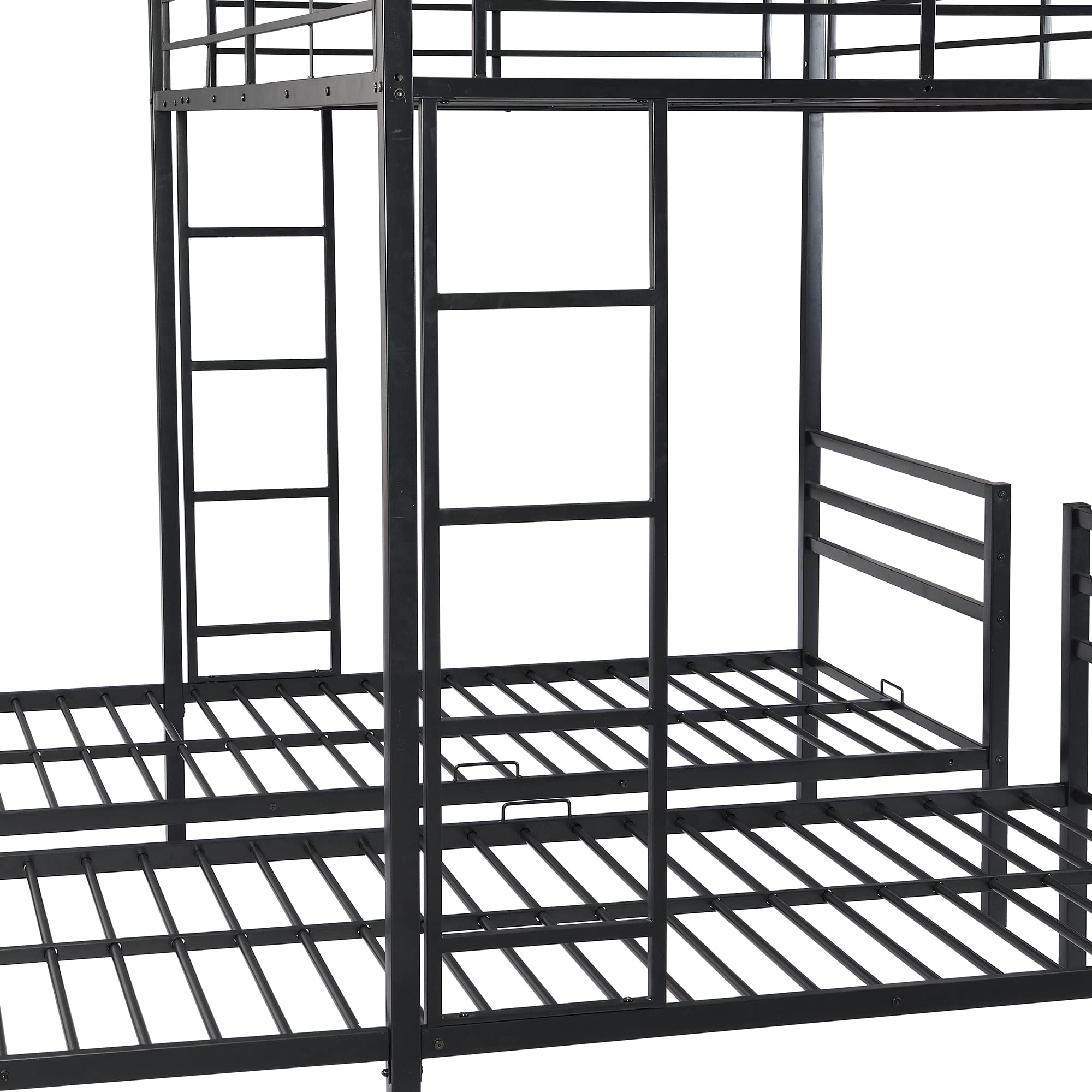TARTOP Metal Triple Bunk Beds Full Over Twin & Twin Bunk Bed with Upper Built-in Shelf, 3 Bed Bunk Beds with 2 Ladders for Kids, Teens, Adults,Black