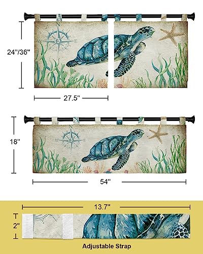 Tab Top Curtain Valance and Tiers Set,Underwater World Turtle Starfish Compass Light Filtering Kitchen Curtains Valances,Ocean Creature Seagrass Nautical Cafe Window Treatment Drapes for Bedroom