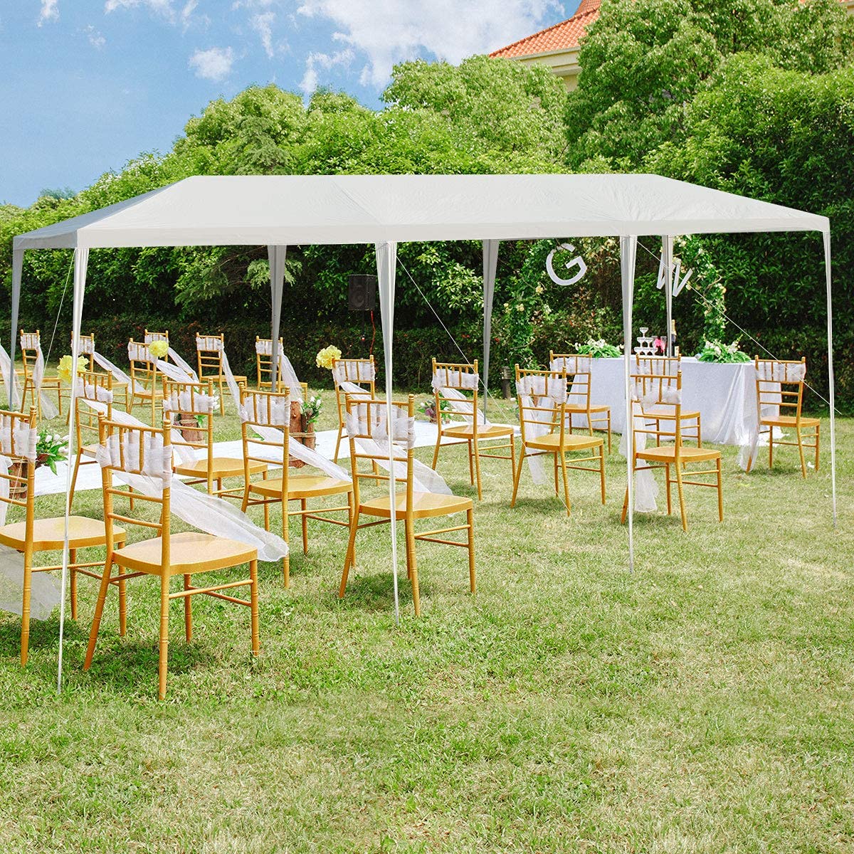 Tangkula 10 x 30 Feet Outdoor Canopy Tent, Wedding Party Tent with 16 Stakes & 8 Wind Ropes, Yard Enclosed White Tent for Events, Parties, Backyard