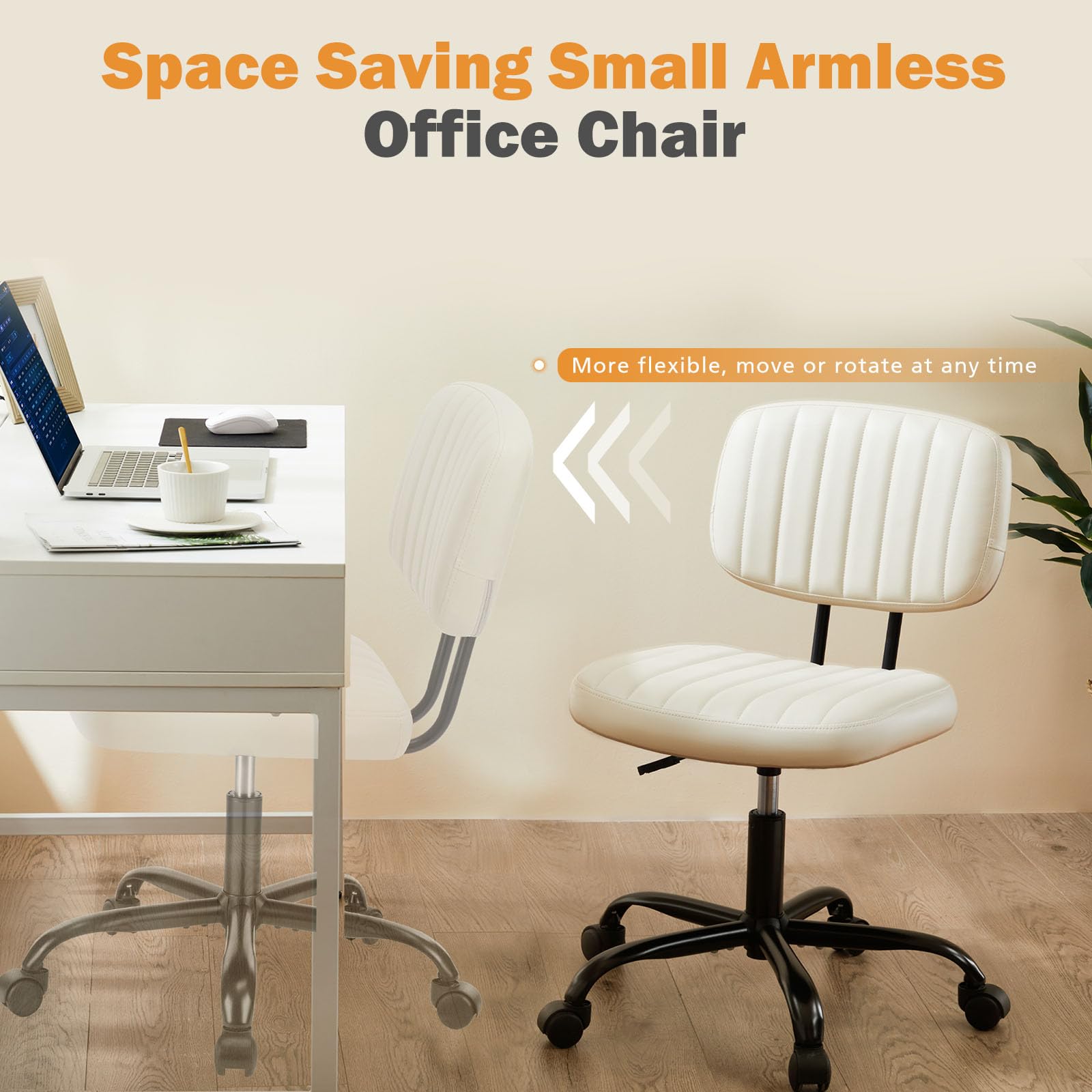 Sweetcrispy Small Office Desk Chair with Wheels Armless Comfy Computer Chair with Lumbar Support, PU Leather Low Back Adjustable Height 360° Rolling Swivel Task Chair Without Arm for Home, Bedroom