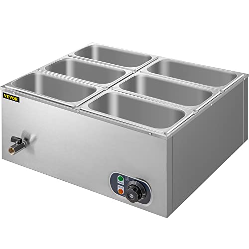 VEVOR 110V 6-Pan Commercial Food Warmer, 1200W Electric Steam Table 15cm/6inch Deep, Stainless Steel Buffet Bain Marie 32 Quart for Restaurants