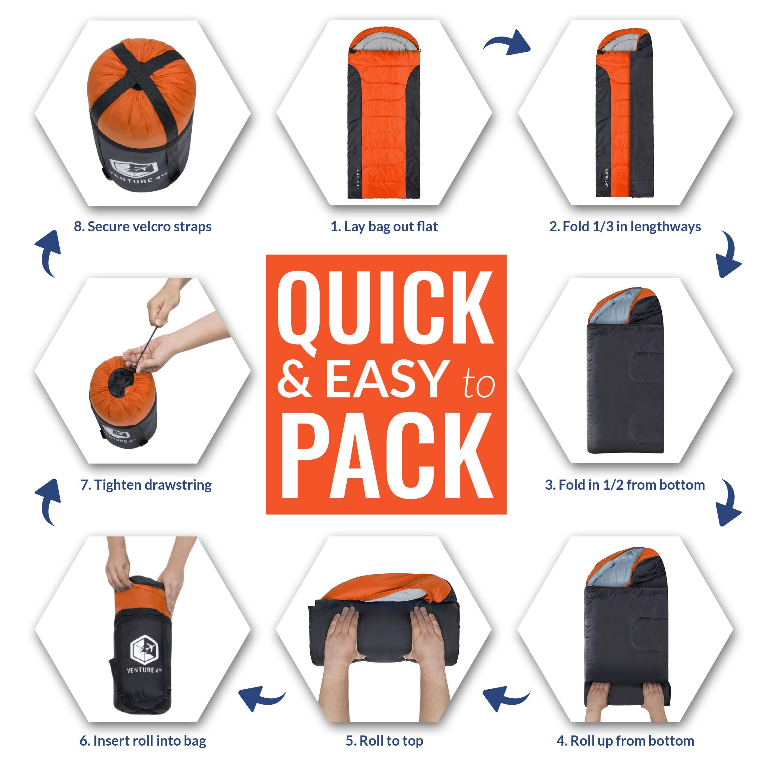 VENTURE 4TH 3-Season XL Backpacking Sleeping Bag, Camping Sleeping Bags for Adults & Kids - Lightweight, Comfortable, Water Resistant, Ideal for Hiking, Camping & Outdoor – Orange/Gray