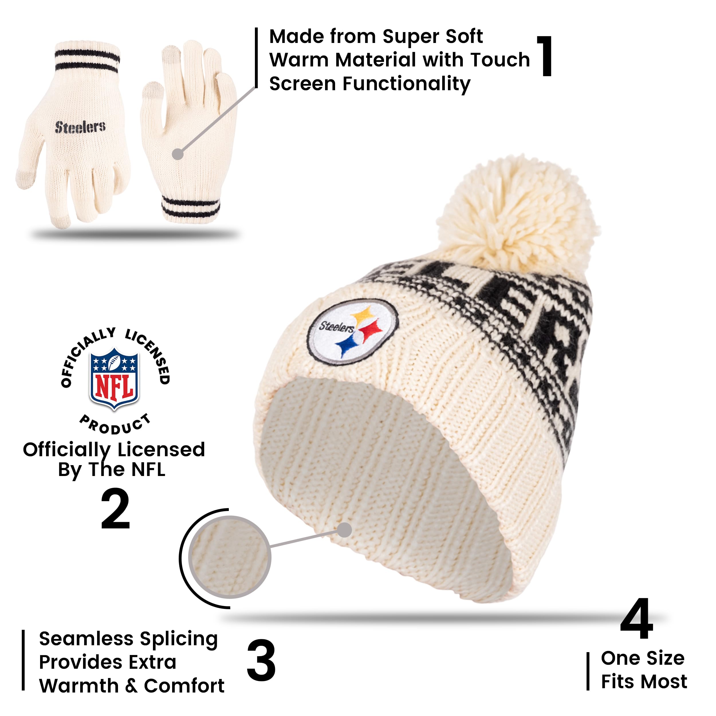 Ultra Game NFL Mens Womens Super Soft Cable Knit Winter Beanie Knit Hat with Extra Warm Touch Screen Gloves, Pittsburgh Steelers