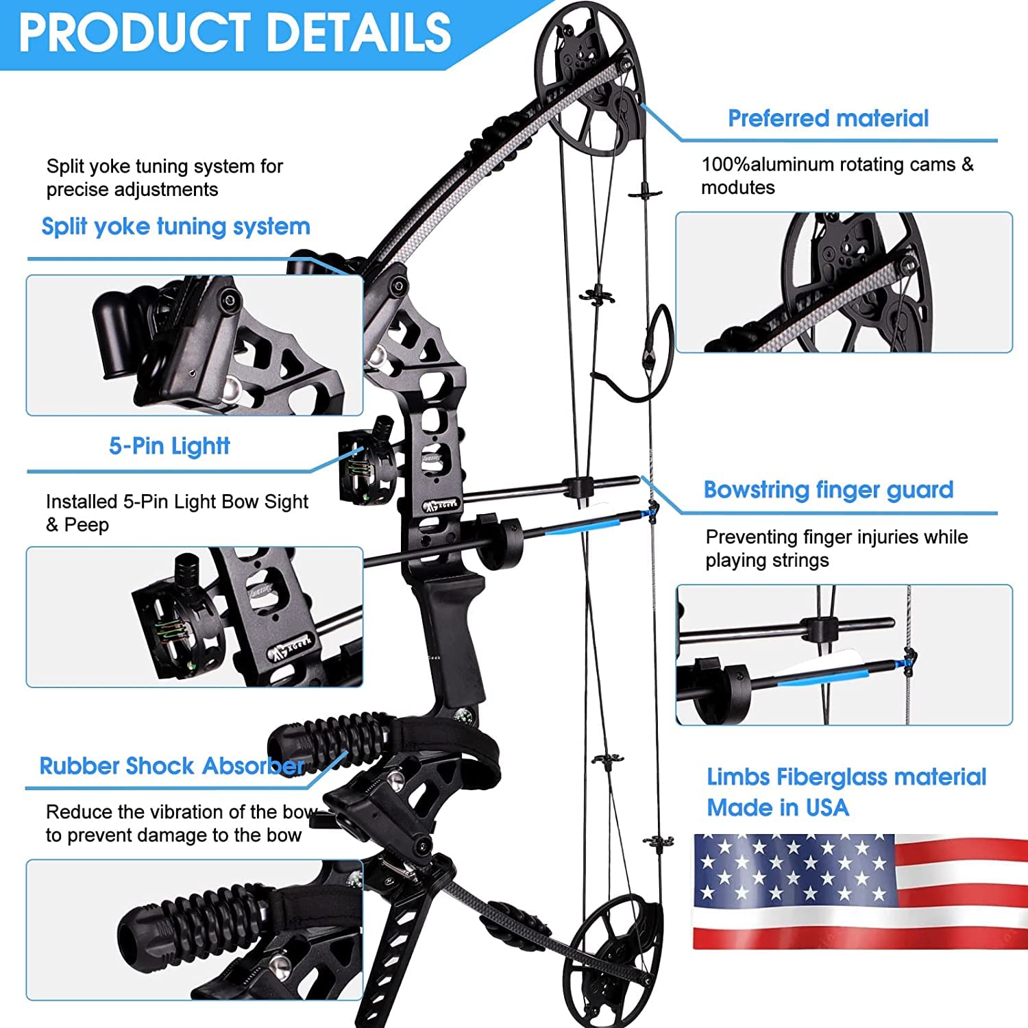 XGeek Compound Bow and Arrow kit, Hunting & Target Bow, 320 Fps Speed, with All Accessories, USA-Made Limbs, Draw Weight Adjustable 20-70 Lbs, Draw Length 17-29", for Hunter and Archery Enthusiast