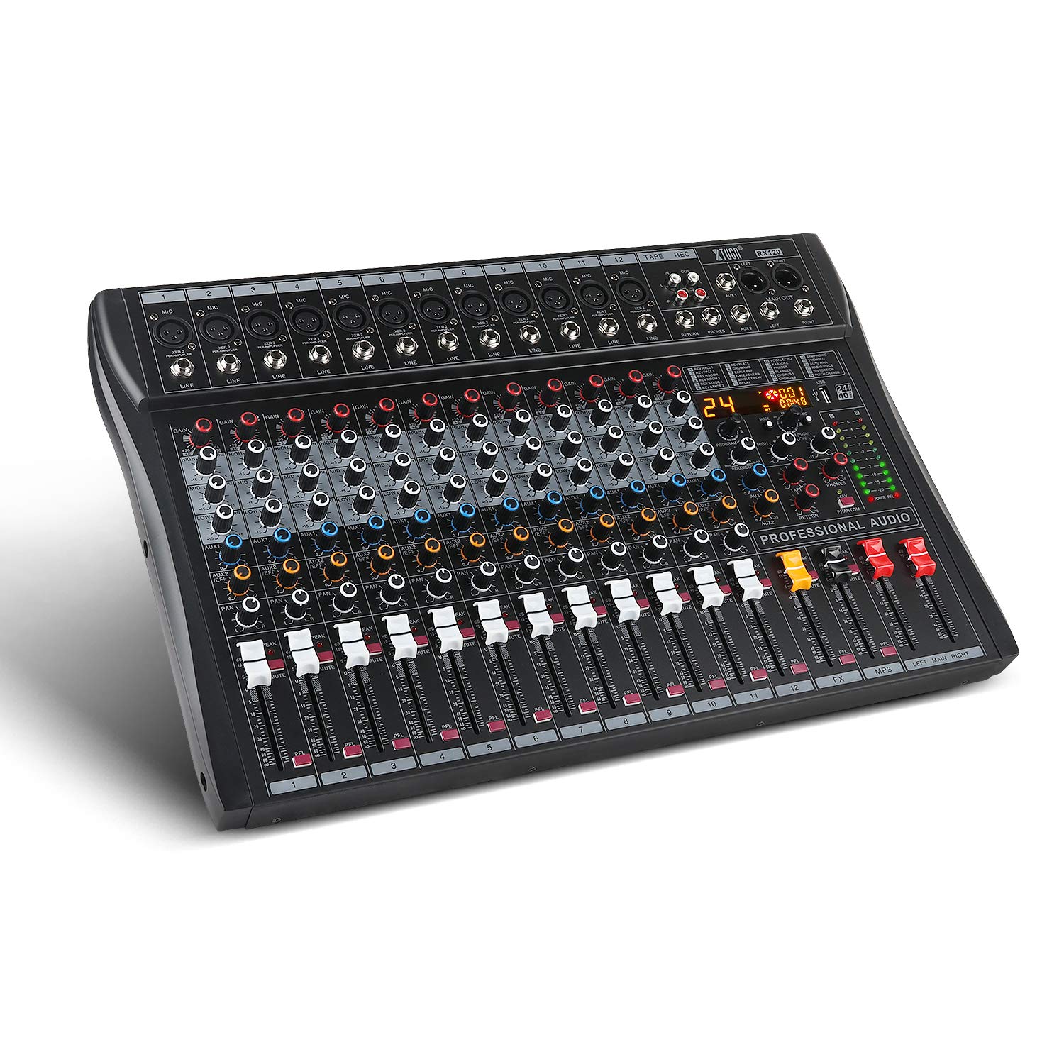 XTUGA RX120 USB 12-Channel Professional Audio Mixer Sound Card Built-in 24-bit DSP Digital Effect with Recordable Function and Digital Display MP3,Bluetooth,EQ,Effects (black)