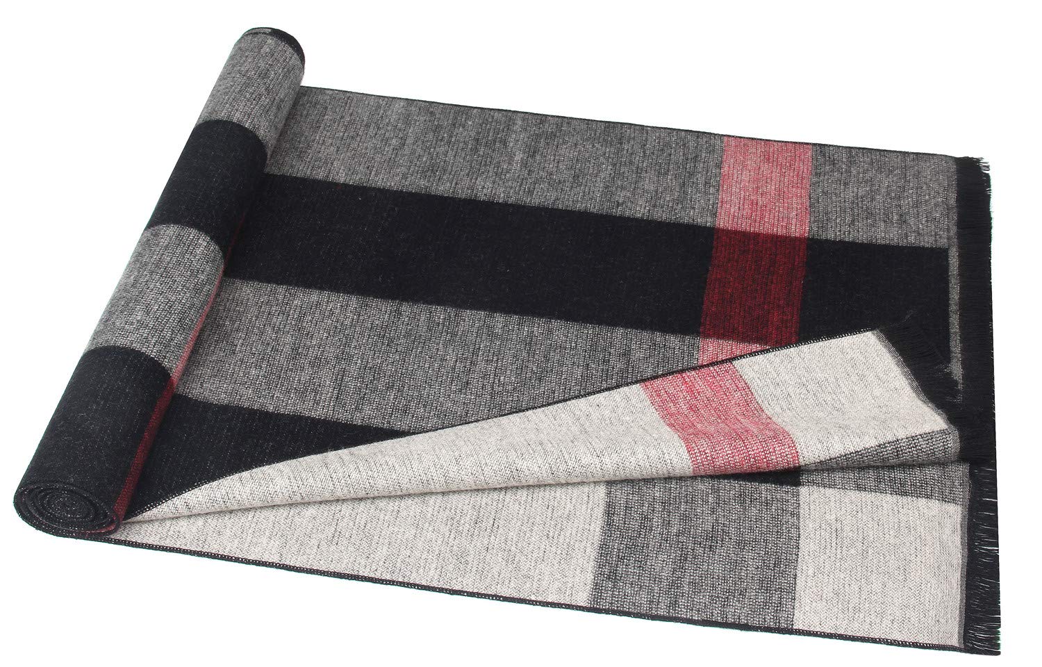 VEXTROFORT Men's Winter Scarf, Soft Long Cashmere Feel Scarves for Men with Fringes Tartan - Grey Black Red Plaid