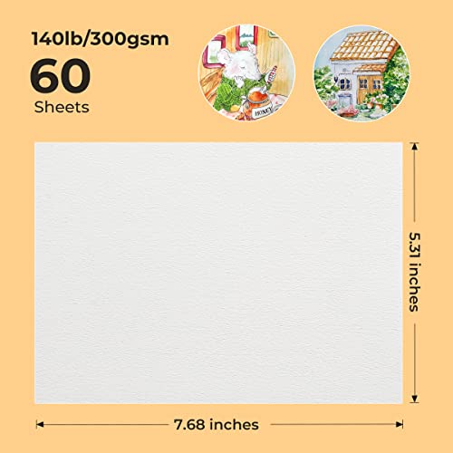 Paul Rubens 60 Sheets Watercolor Paper, Cold Press 50% Cotton&140lb /300gsm Acid-free Bulk White Paper for Artists, Students & Adults(7.68 * 5.31 inch)