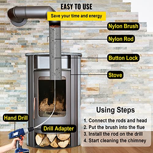 VEVOR Chimney Sweep Kit 20FT Length, Chimney Brush Kit with 6 Nylon Flexible Rods, Rotary Chimney Cleaning Kit Driven by Drill, Chimney Cleaning Tool Kits for Sweeping Fireplace Flue