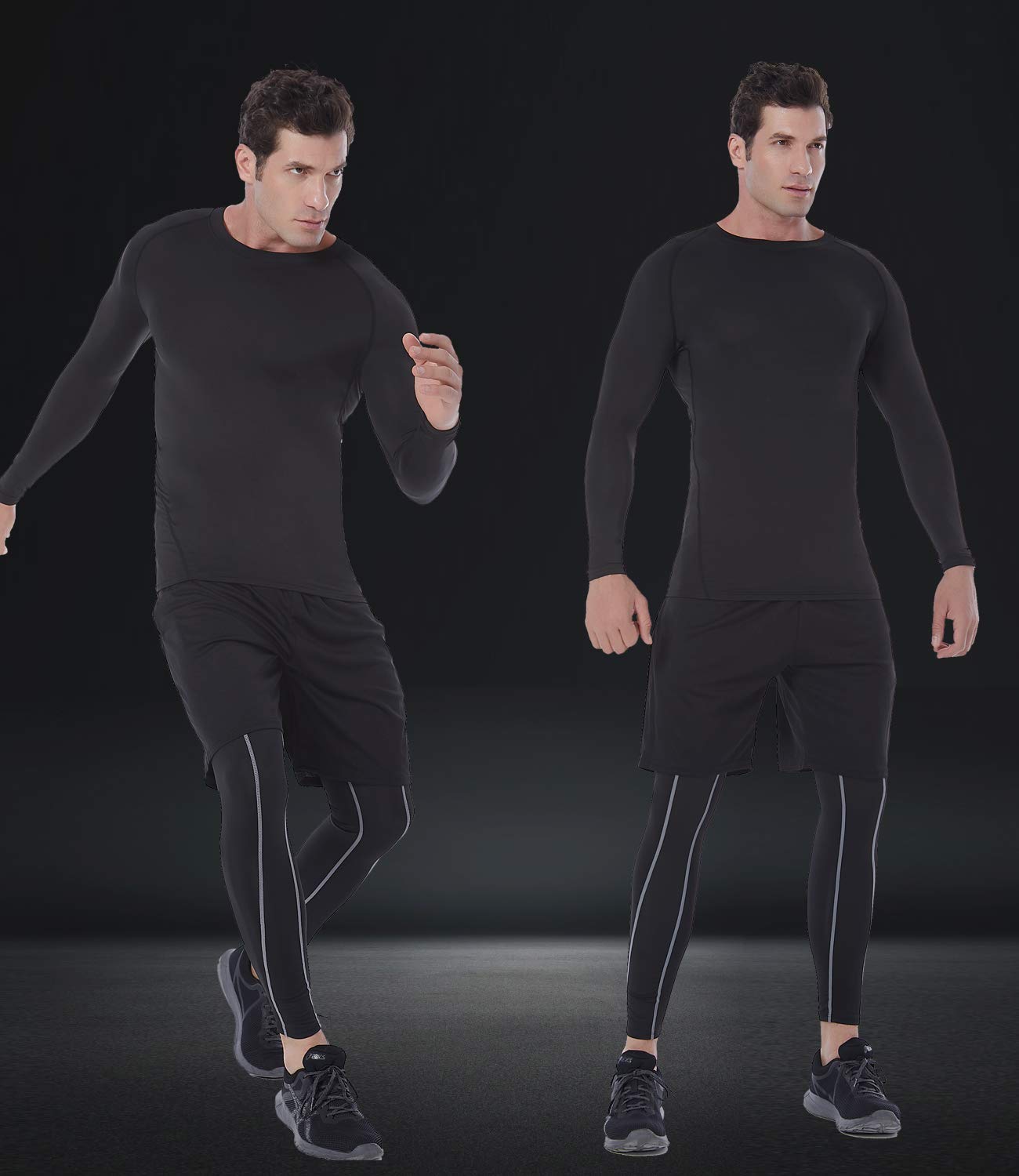 SILKWORLD Men's Long-Sleeve Compression Shirt Base-Layer Running Top, 3 Pack: Black#3, L