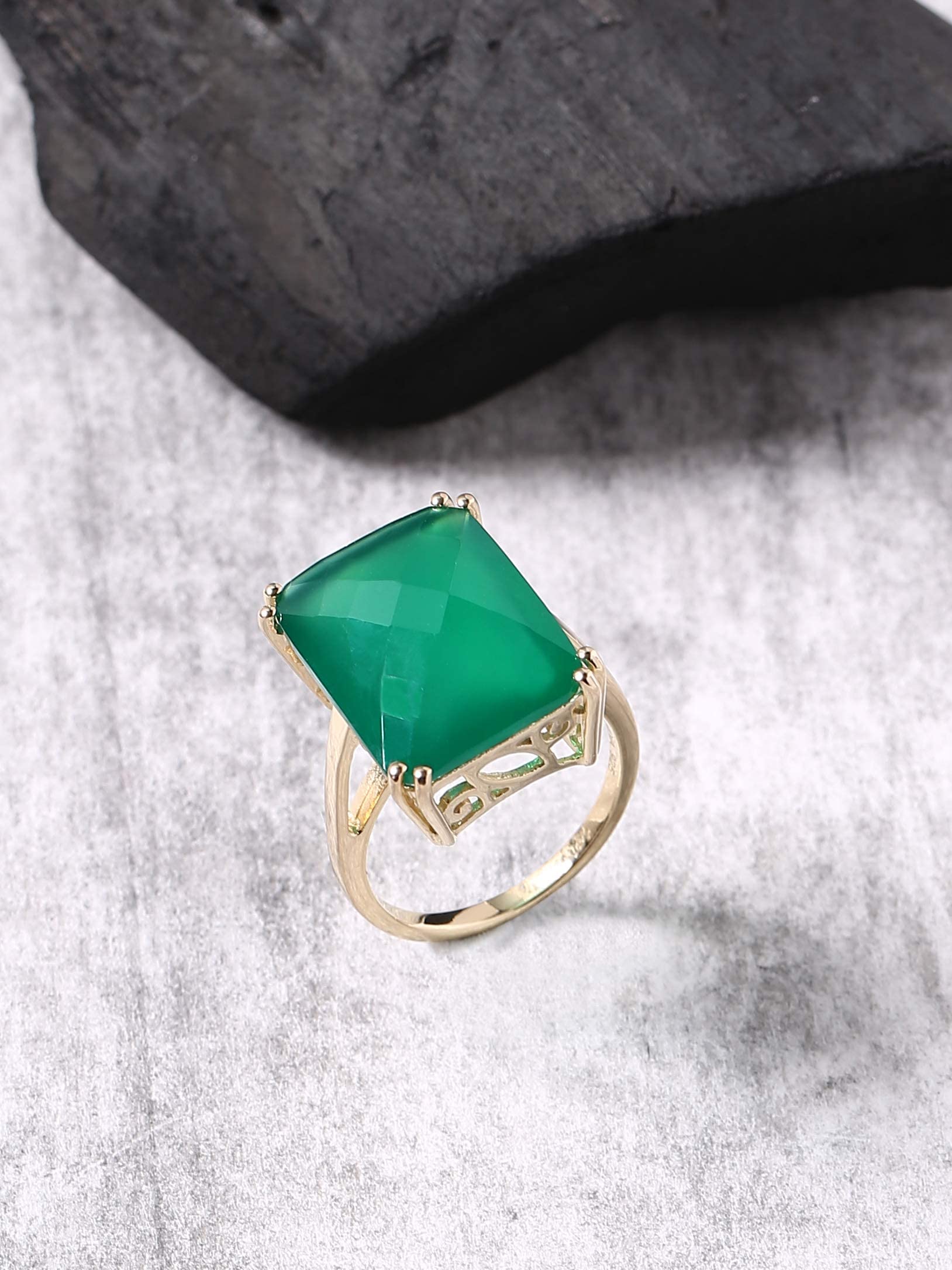 YoTreasure Green Onyx 18kt Gold Over Silver Solitaire Engagement Double Prong Ring For Women