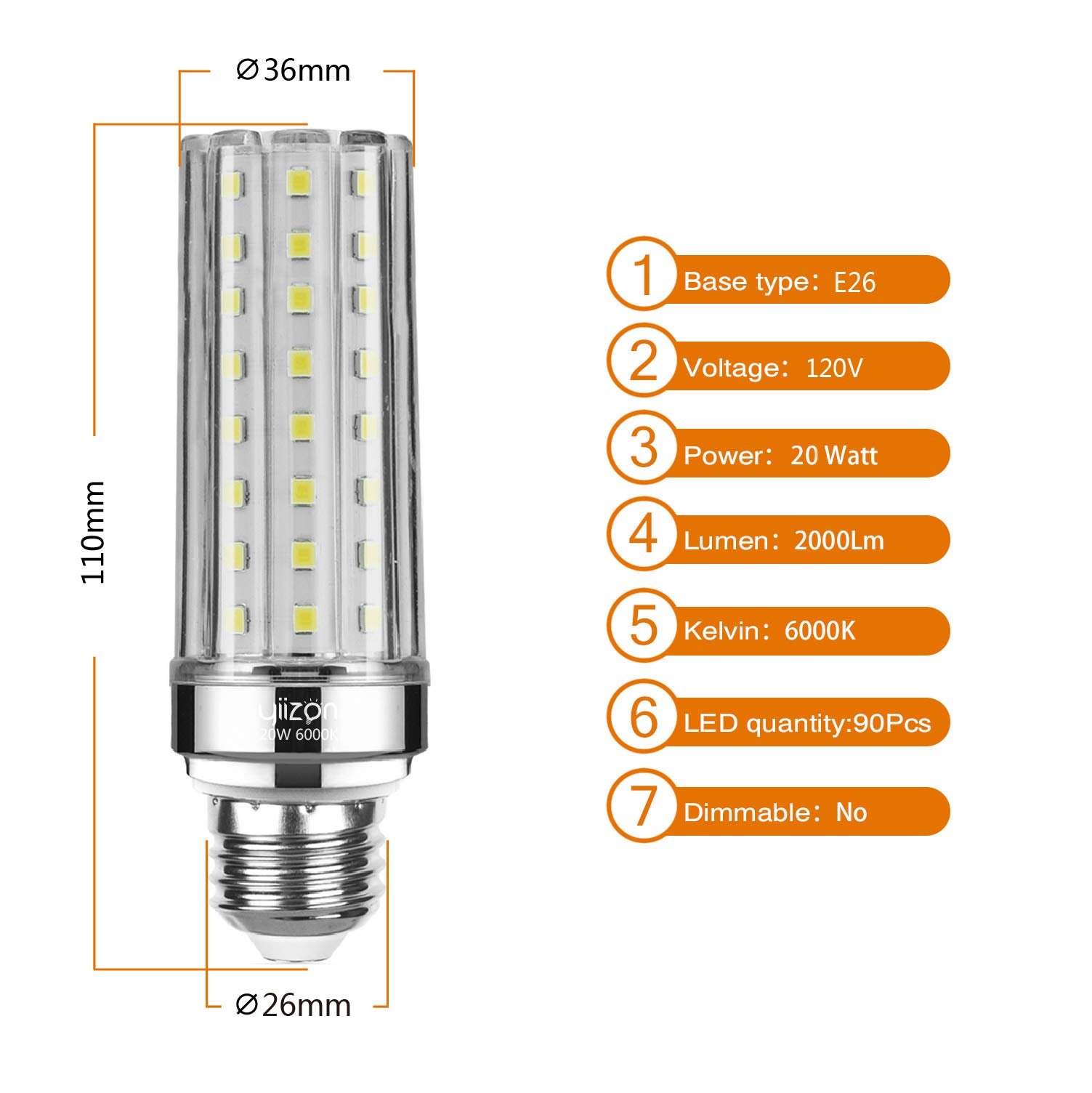 YIIZON LED Corn Bulbs, E26, 20W, Equivalent to 150 W Incandescent Light Bulbs, 6000K Daylight White, 2000LM, E26 Edison Screw Light Bulbs,Non-dimmable Candelabra LED Light Bulbs 4 Pack