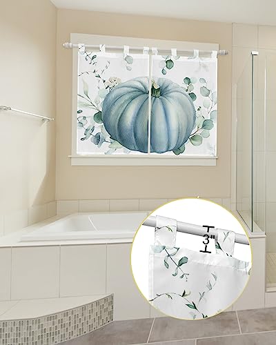 Tab Top Window Curtain,Fall Thanksgiving Blue Pumpkin Eucalyptus Leaves Tier Curtains Panels Kitchen Valance 2 Drapes,Farm Plant White Light Filtering Window Treatment for Bathroom Bedroom Cafe