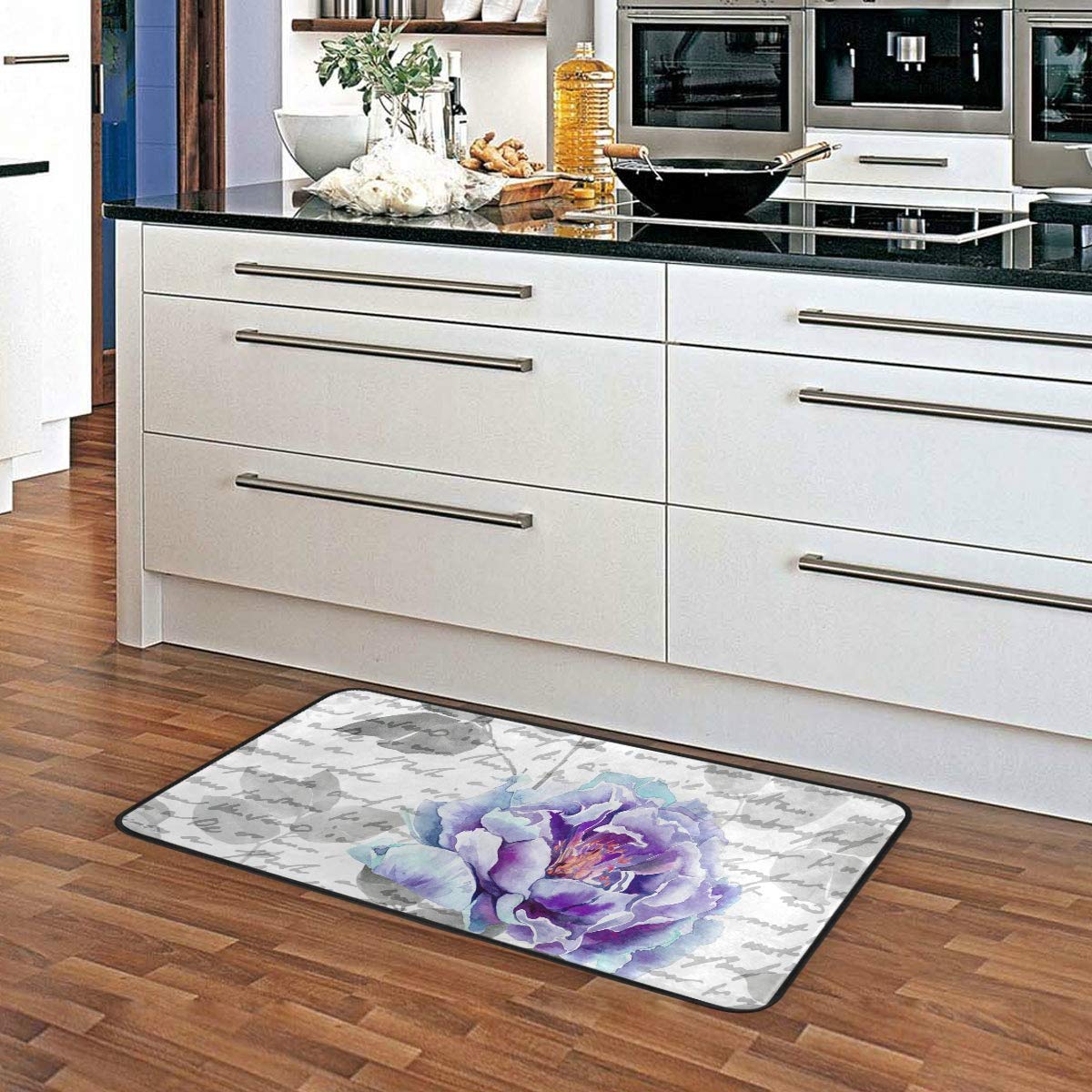 Watercolor Blue and Purple Peony Kitchen Mat Rugs Cushioned Chef Soft Non-Slip Floor Mats Washable Doormat Bathroom Runner Area Rug Carpet