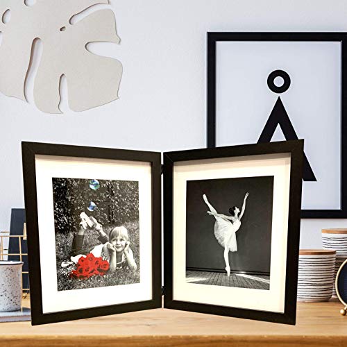 Tasse Verre 11x14 Black Folding Picture Frames With 8x10 Mats and HIGH DEFINITION GLASS - Displays Two Collage Pictures, Double Hinged Photo Frame Stands Vertically on Desktop