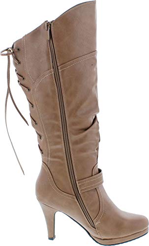 TOP Moda Womens Page-65 Knee High Round Toe Lace-Up Slouched High Heel Boots,Taupe,8.5