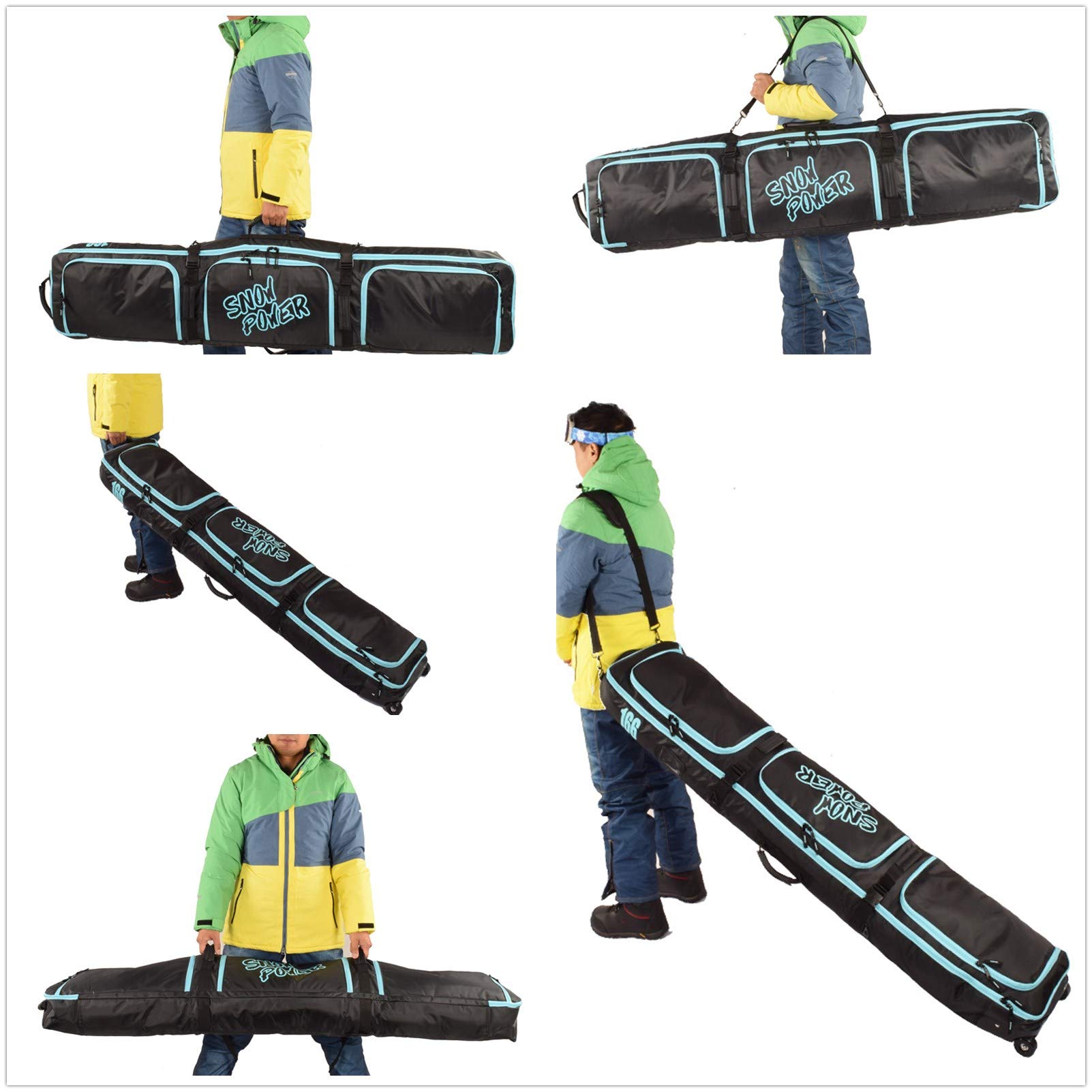 UNISTRENGH Fully Padded Snowboard Bag With Wheels Large Multi-compartment Ski Boots and Helmet Bag Perfect for Travel (Black/Blue, 180cm)