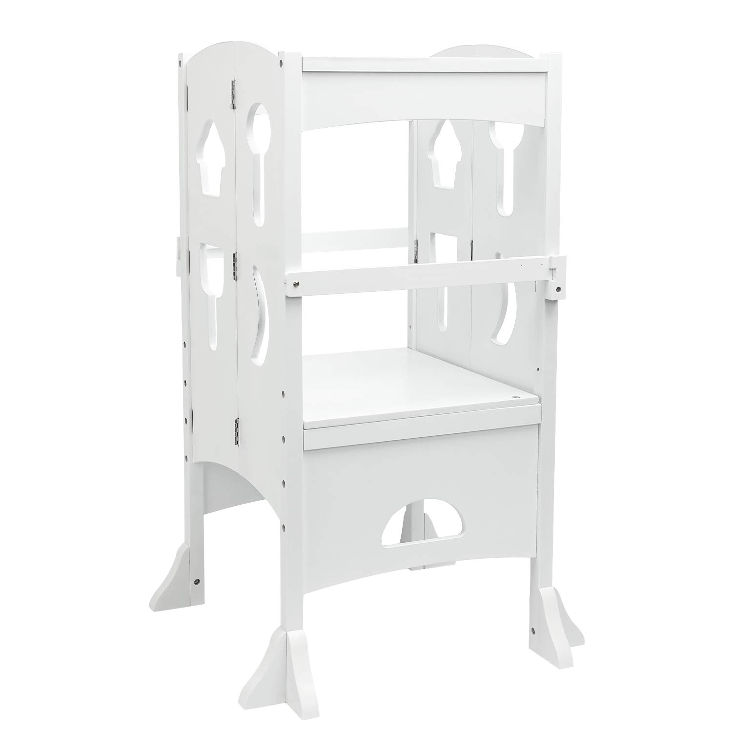 YOUNIS Wooden Kitchen Step Stool for Kids, Toddlers Collapsible Tower for Kids Folding Stool, No-Slip Design Kitchen Safety Cooking Standing Stool for Children - White
