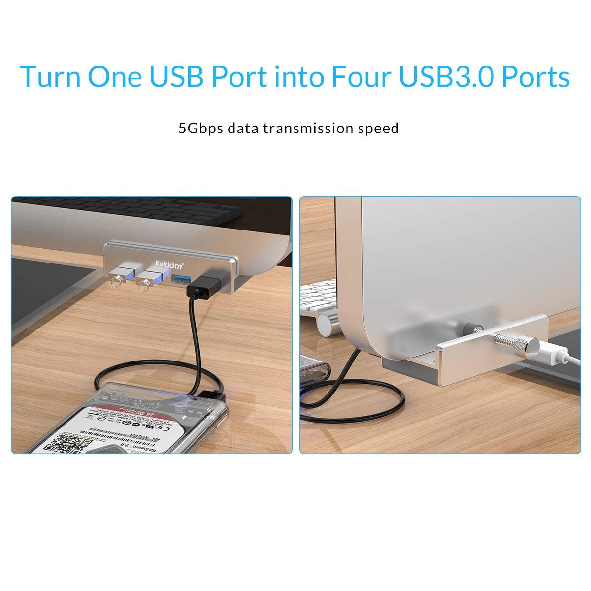 USB Hub 3.0 - Rekidm 4 Port Aluminum Desk USB Hub 3.0 Clamp Design for Desktop, Computer, PC, Table Edge with Durable Adjustable Clip, Space-saving Mountable USB Hub Fast Speed Transfer