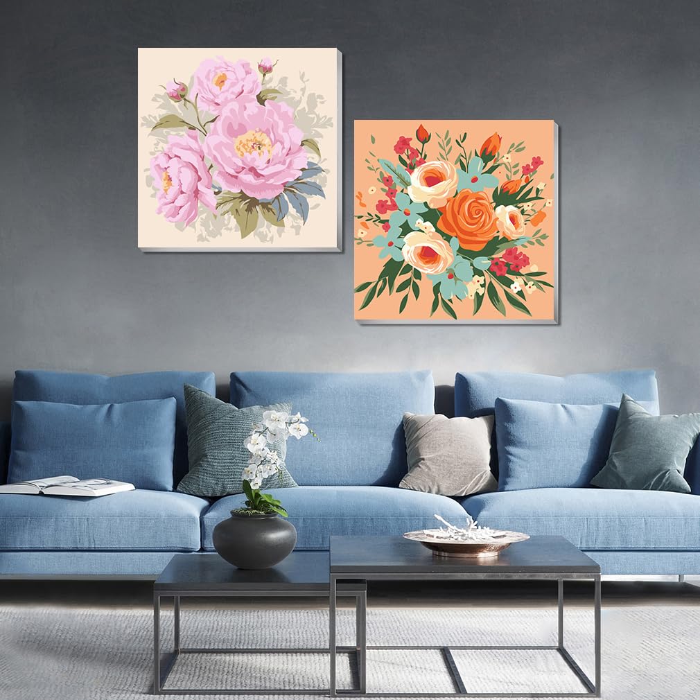 tigdtiu 2Pack Flowers Paint by Numbers Kit for Adults Beginner,Adult Paint by Number Kits On Canvas Framed, DIY Acrylic Painting Kit for Room Decor (8X8 in)