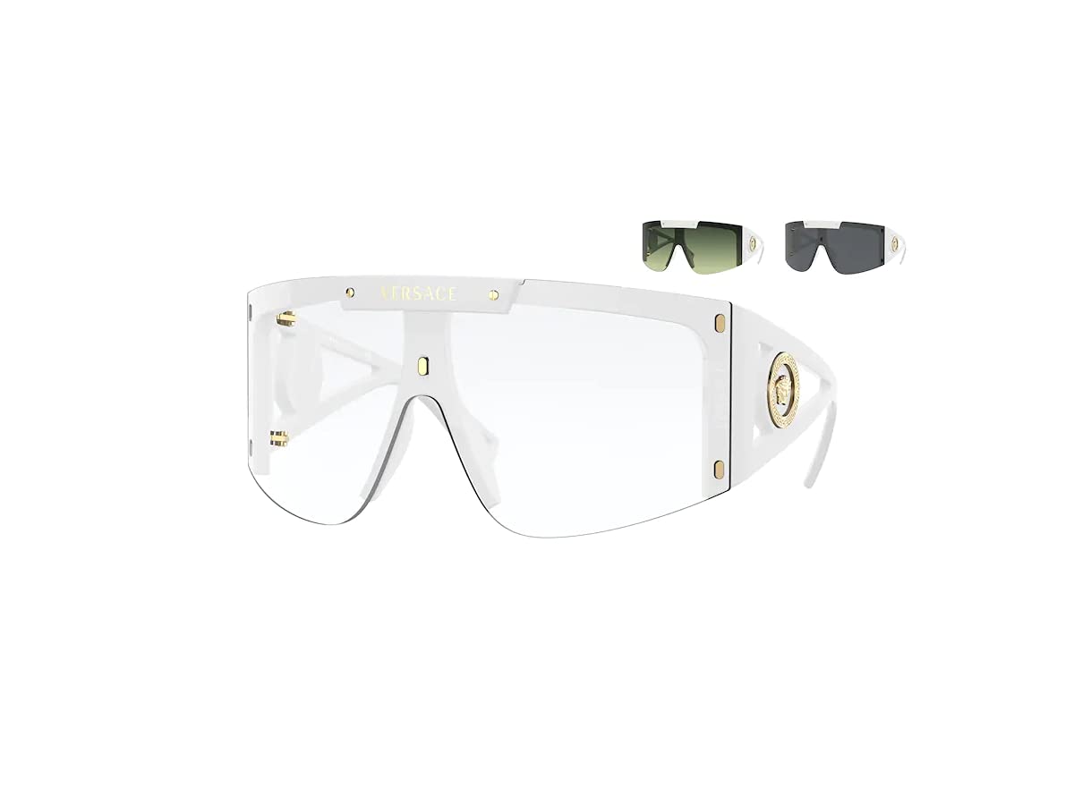 Versace VE4393 401/1W 46MM White/Clear Shield Sunglasses for Women + Exchangeable Lenses + BUNDLE with Designer iWear Eyewear Kit