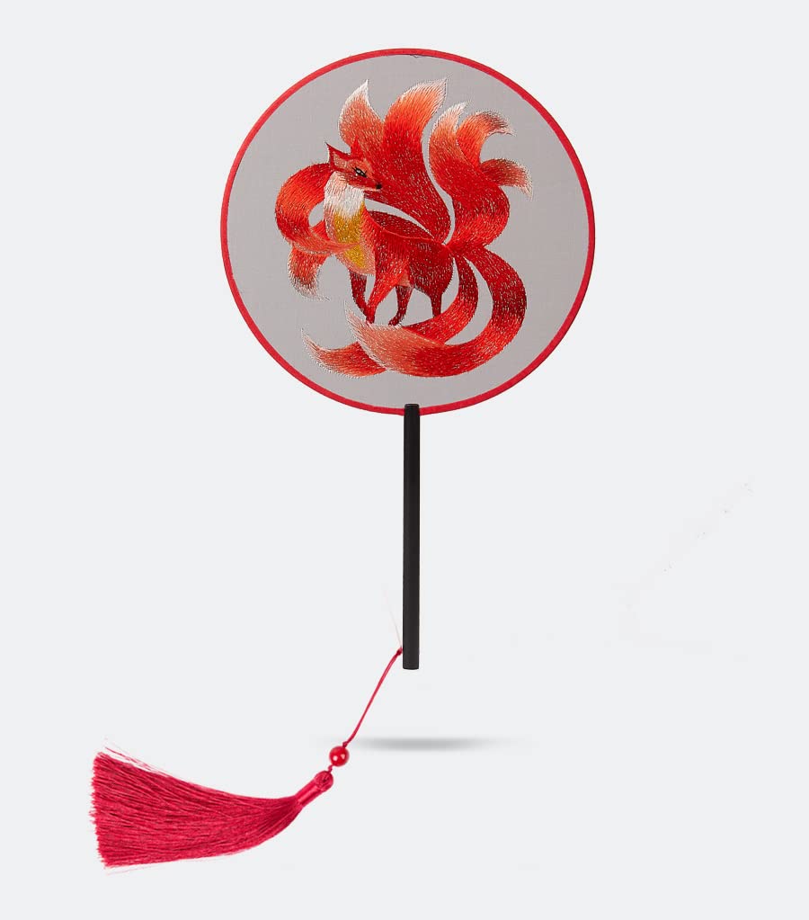 YUELAI Chinese Fan Embroidery Hand Circular Fan, China Ancient Dance Translucent Silk Round Fan Red Nine-Tailed Fox