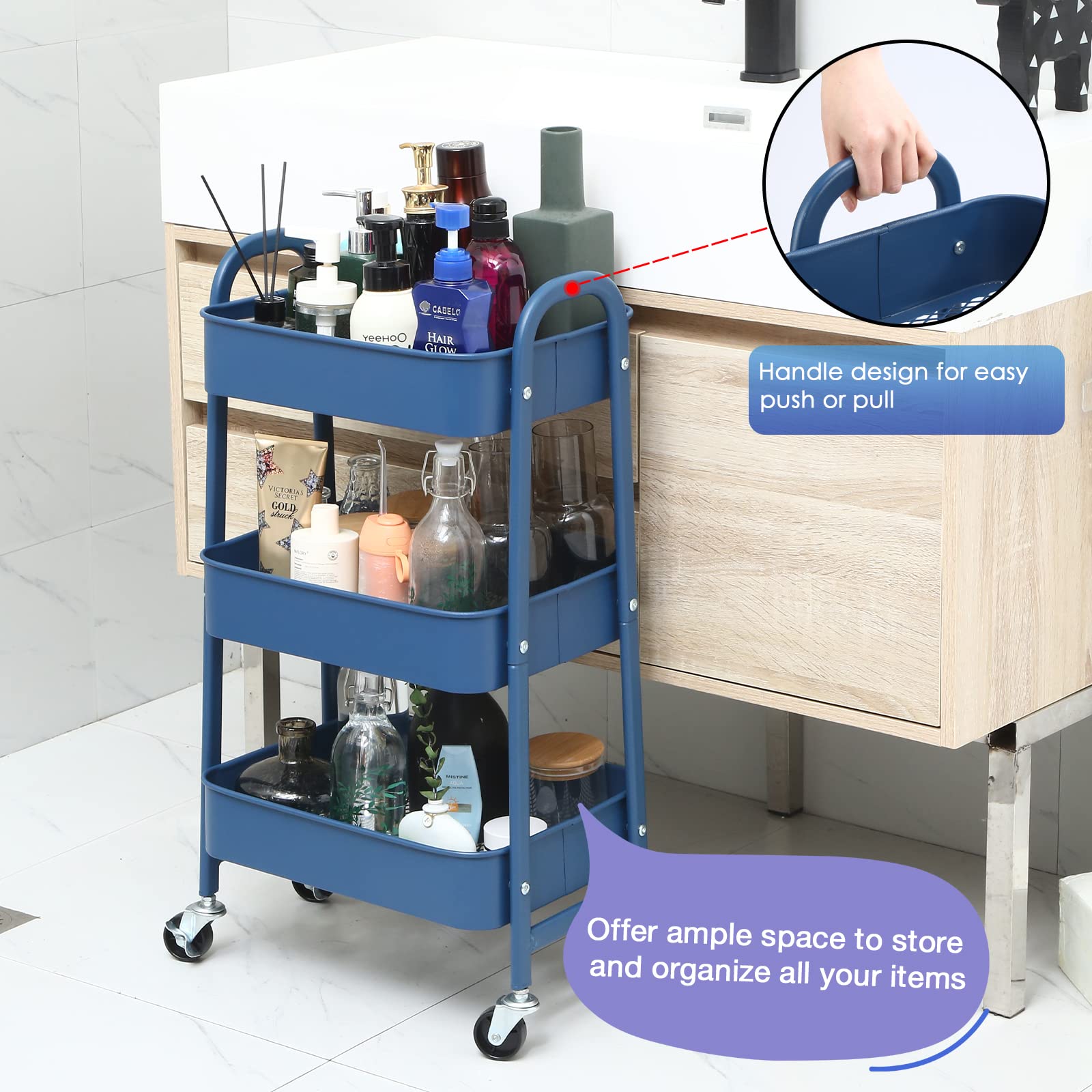WELL-STRONG Metal Storage Trolley - 3-Tier Rolling Cart with Lockable Wheels - Multi-Purpose Utility Cart with Handle - Mobile Shelving Organizer for Bathroom, Office, Kitchen, Bedroom Navy Blue