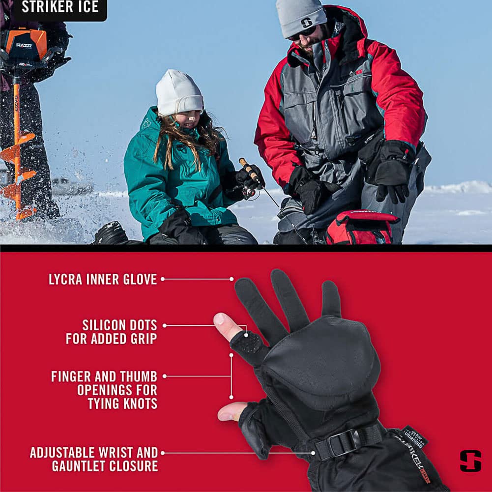 Striker Climate Crossover Waterproof Breathable Insulated Ice Fishing Mitts with Adjustable Wrist and Gauntlet Closure, Black, Large