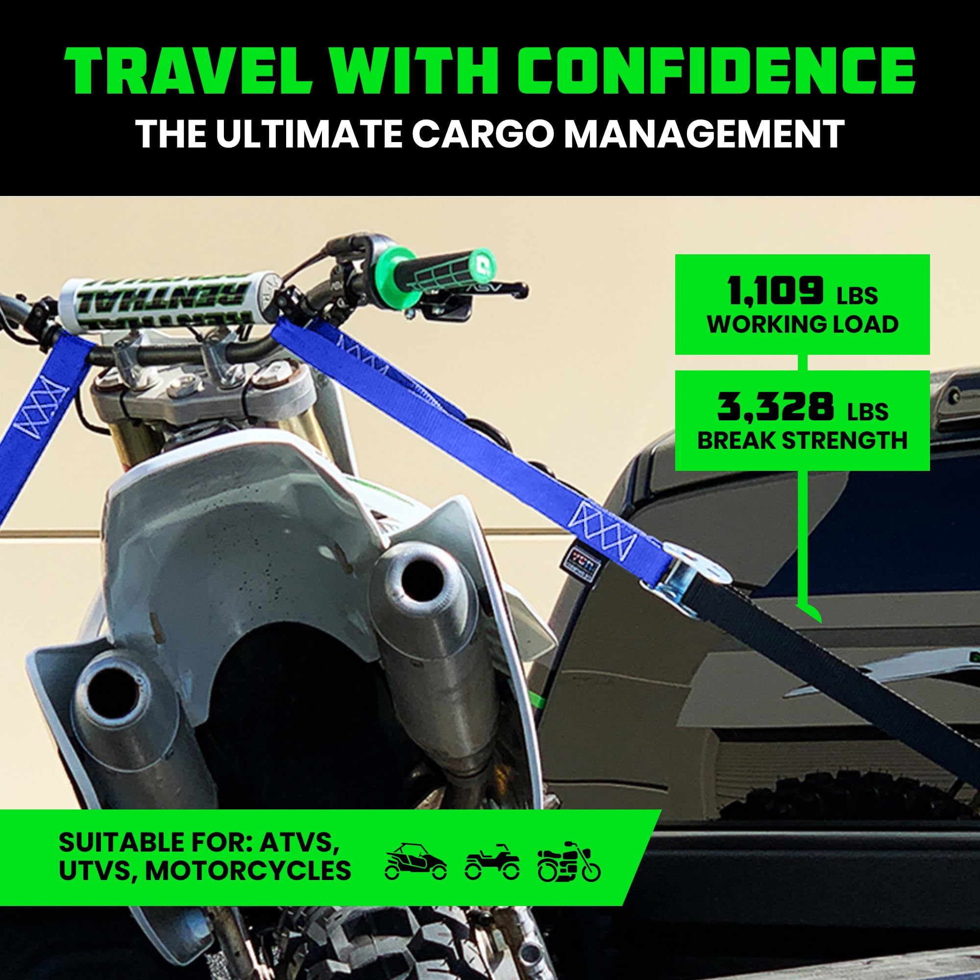 Rhino USA Motorcycle Tie Down Straps (2 Pack) Lab Tested 3,328lb Break Strength, Steel Cambuckle Tiedown Set with Integrated Soft Loops - Better Than a Ratchet Strap (Black 2-Pack)
