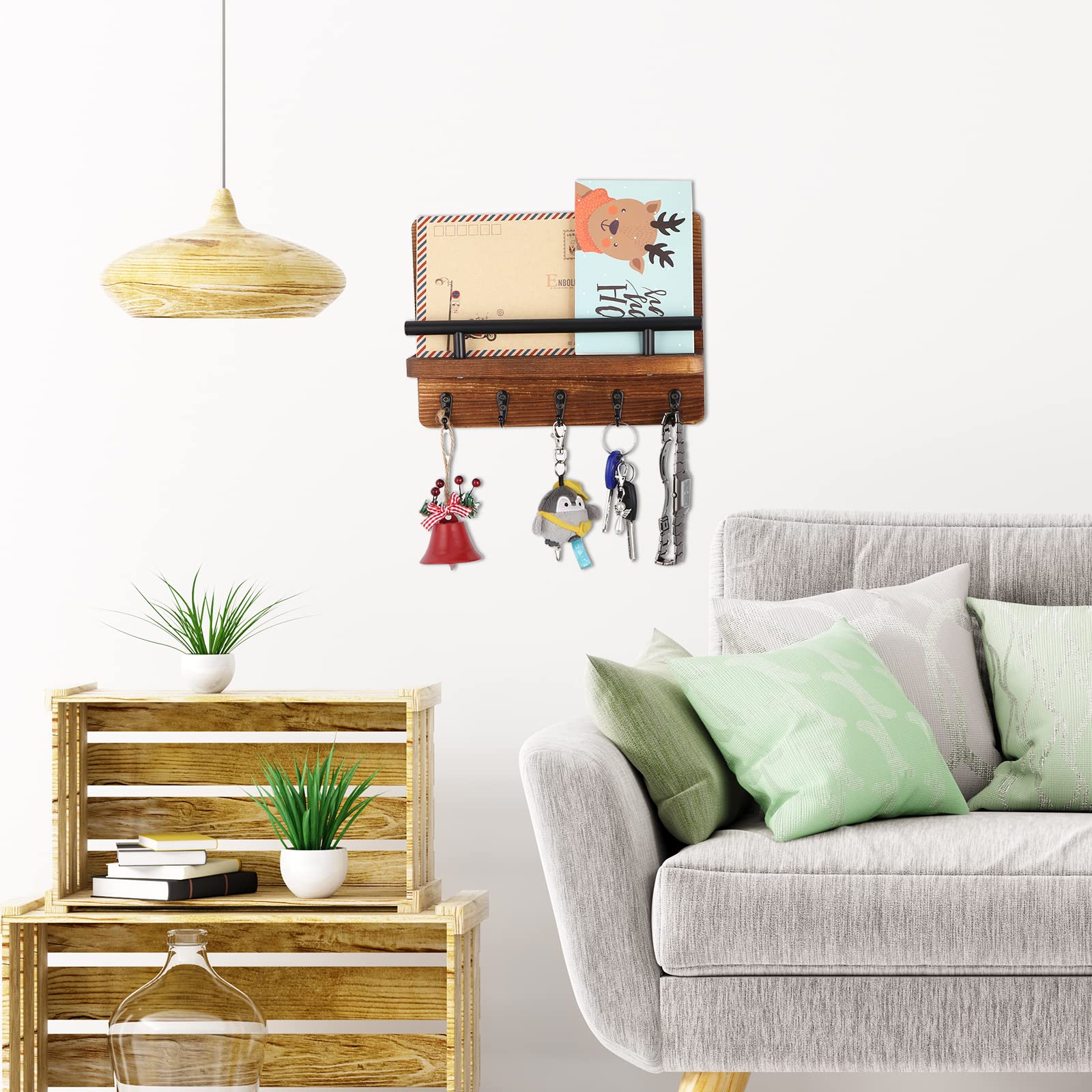WuliYobo Key Holder for Wall, Key and Mail Holder for Wall, Key Hanger for Wall with Shelf, Wood Wall Shelf with Hooks, Mail Organizer for Wall Mount with Mounting Hardware (9.8”W x 7.2”H x 2.9”D)