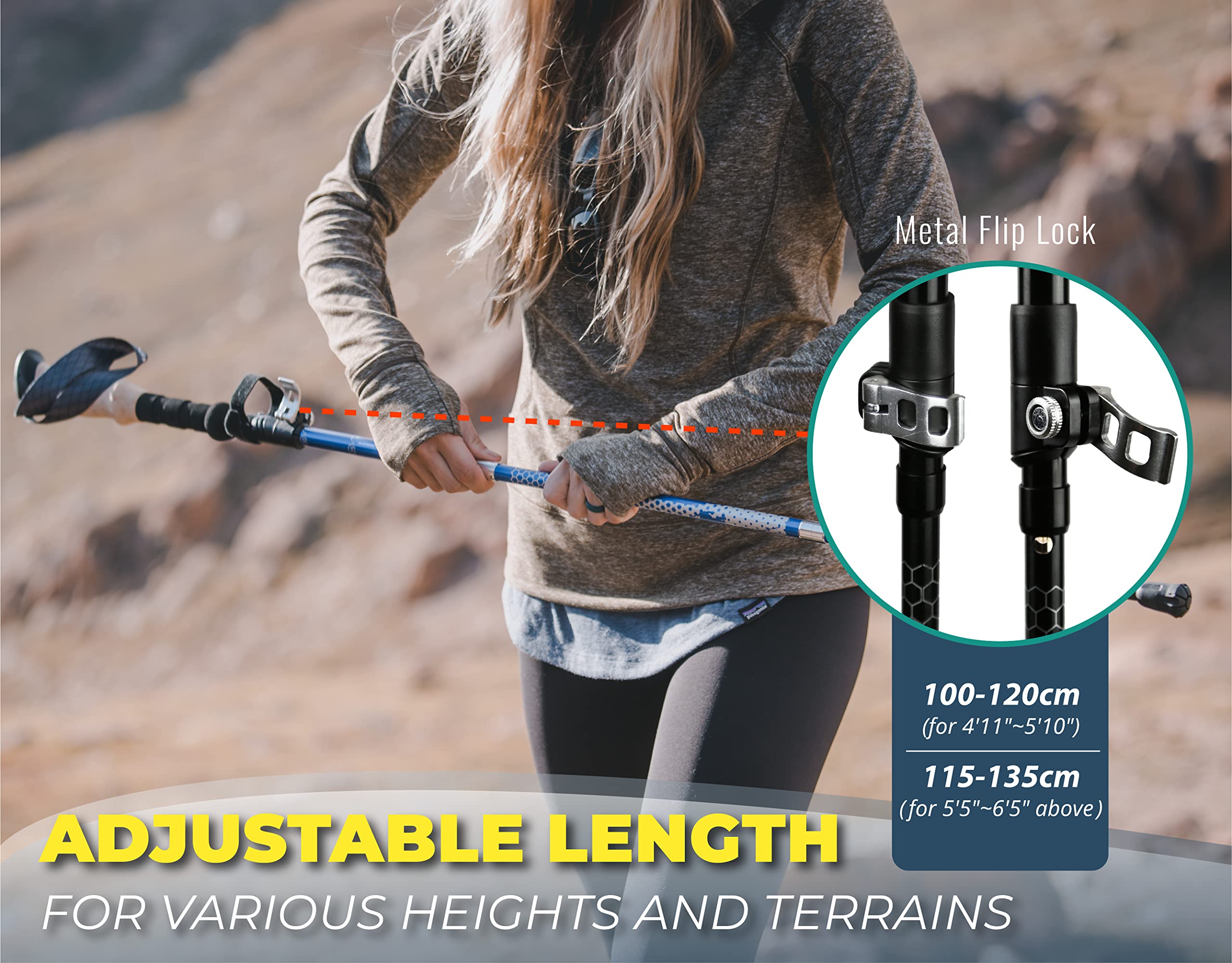 TREKOLOGY Trek-Z (Blue 100-120cm) Trekking Hiking Poles / 6 pc Replacement Rubber Tips - Collapsible Folding Walking Sticks,Adjustable Quick Flip-Lock, Foldable Trekking Poles for Hiking.