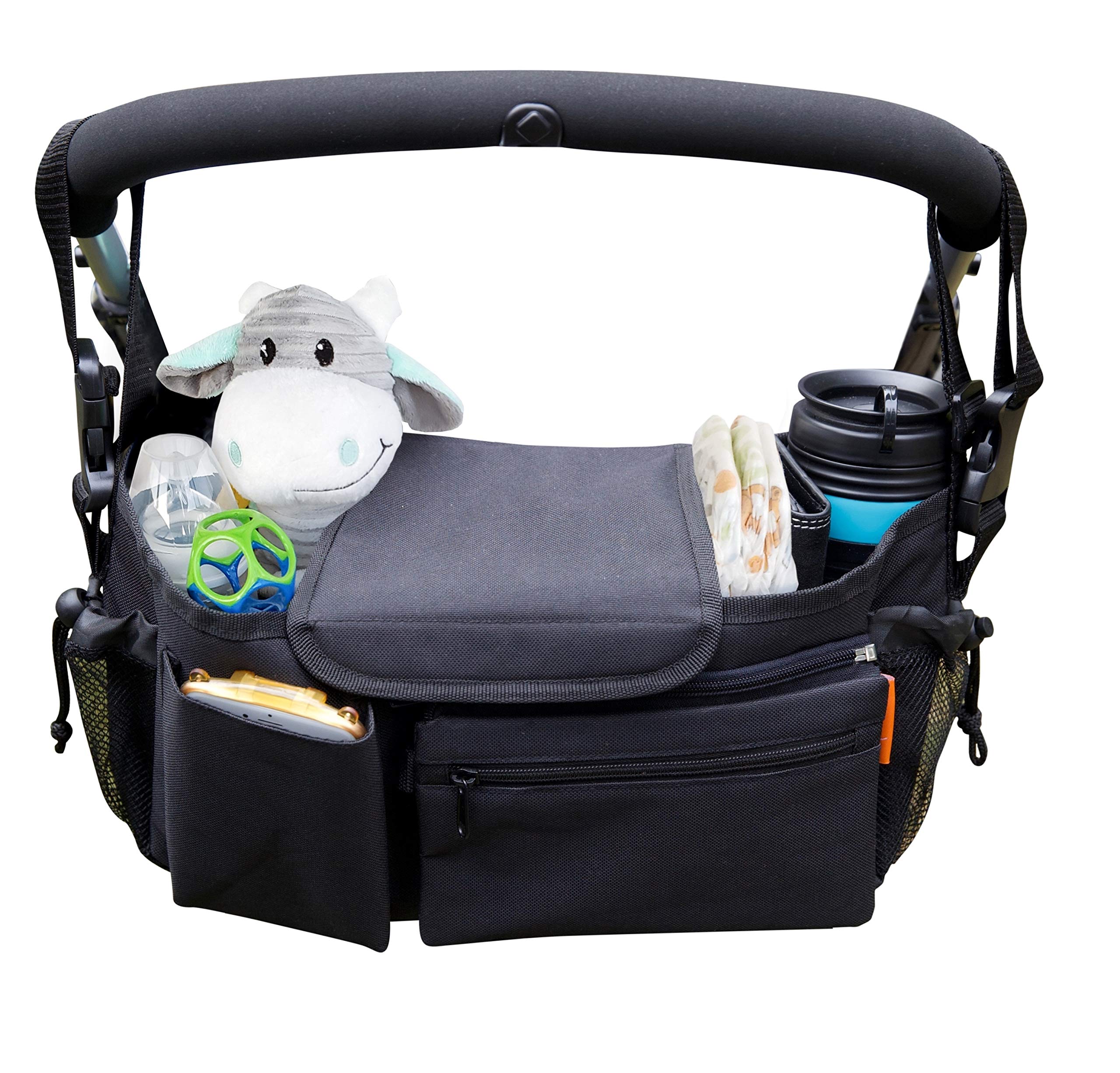 Universal Baby Stroller Organizer –Black Universal Stroller Caddy with Detachable Wristlet, Insulated Cool Bag Insert and Multi-Pocket Storage – Adjustable Shoulder Strap and 2 Bonus Stroller Hooks