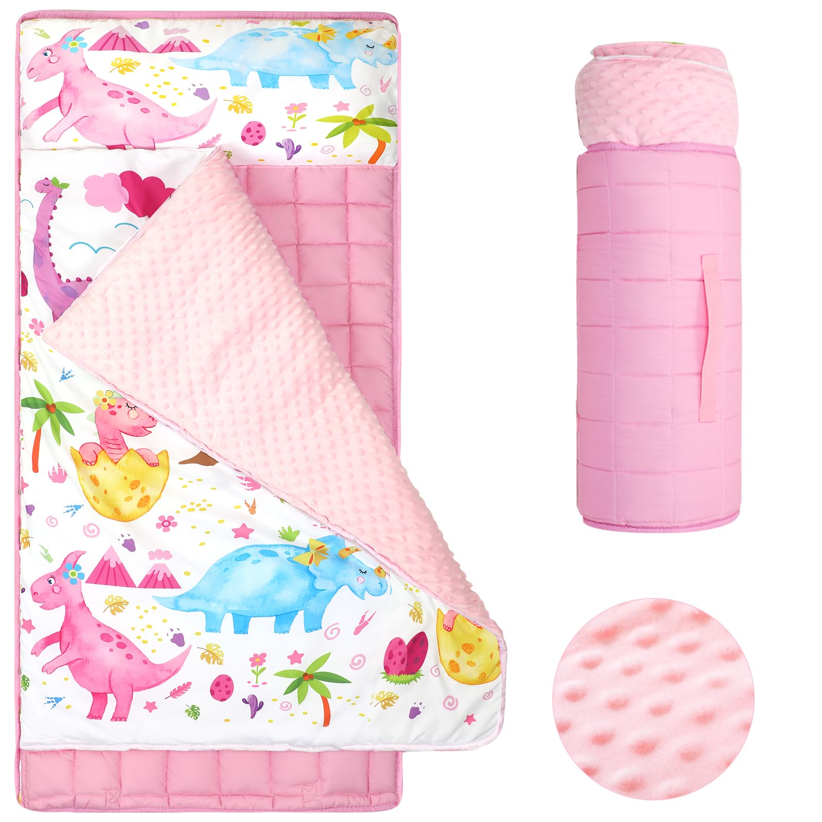 Timgle Toddler Nap Mats for Daycare Toddler Nap Mat with Pillow for Girls Toddler Sleeping Bag with Removable Pillow and Soft Blanket for Daycare,Preschool,Kindergarten,Sleepovers(Dinosaur)