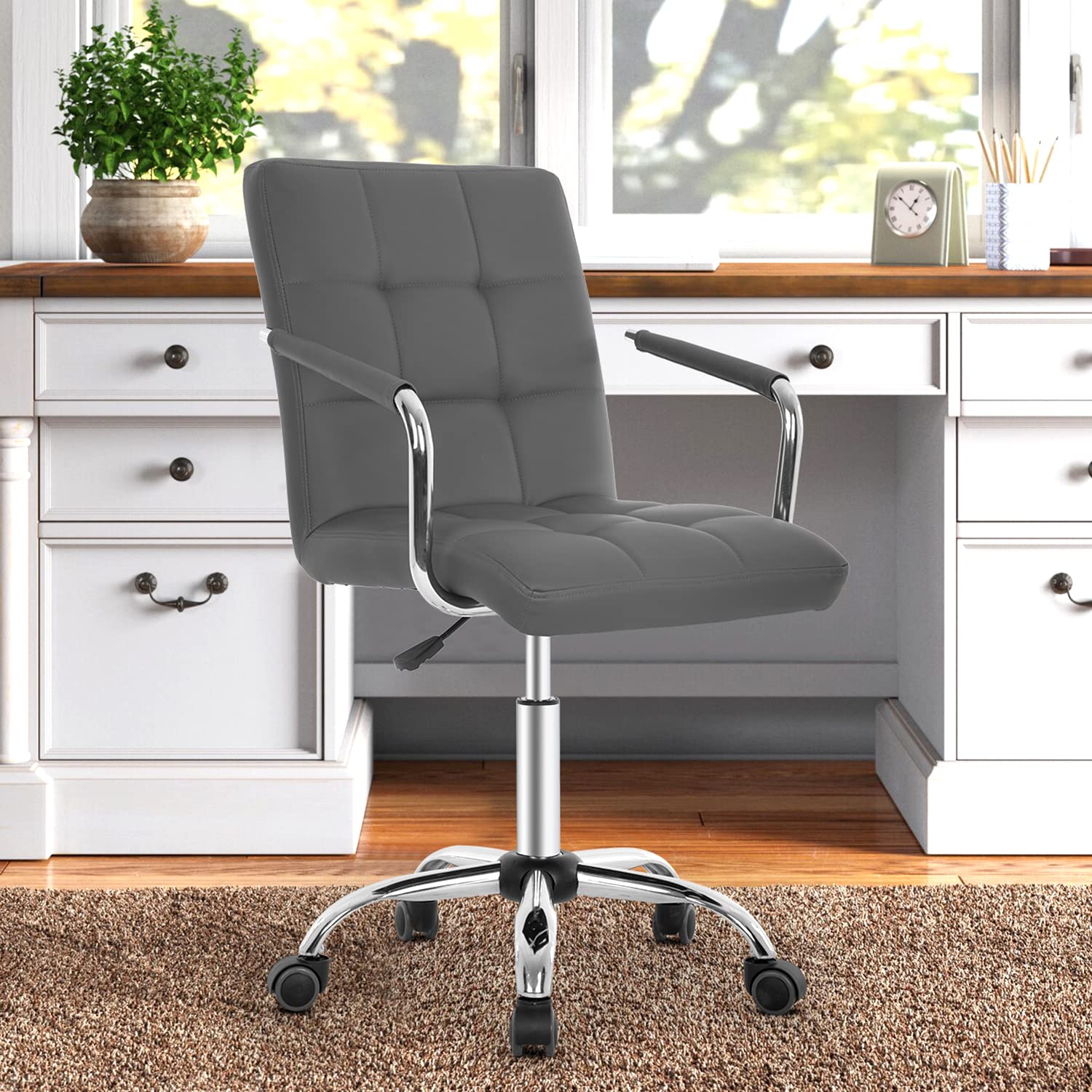 PayLessHere Home Office Desk Chair PU Leather Makeup Chair Vanity Chair with Armrest/Wheel 360°Swivel Height Adjustable Home Chairs for Office Makeup Room (Grey)