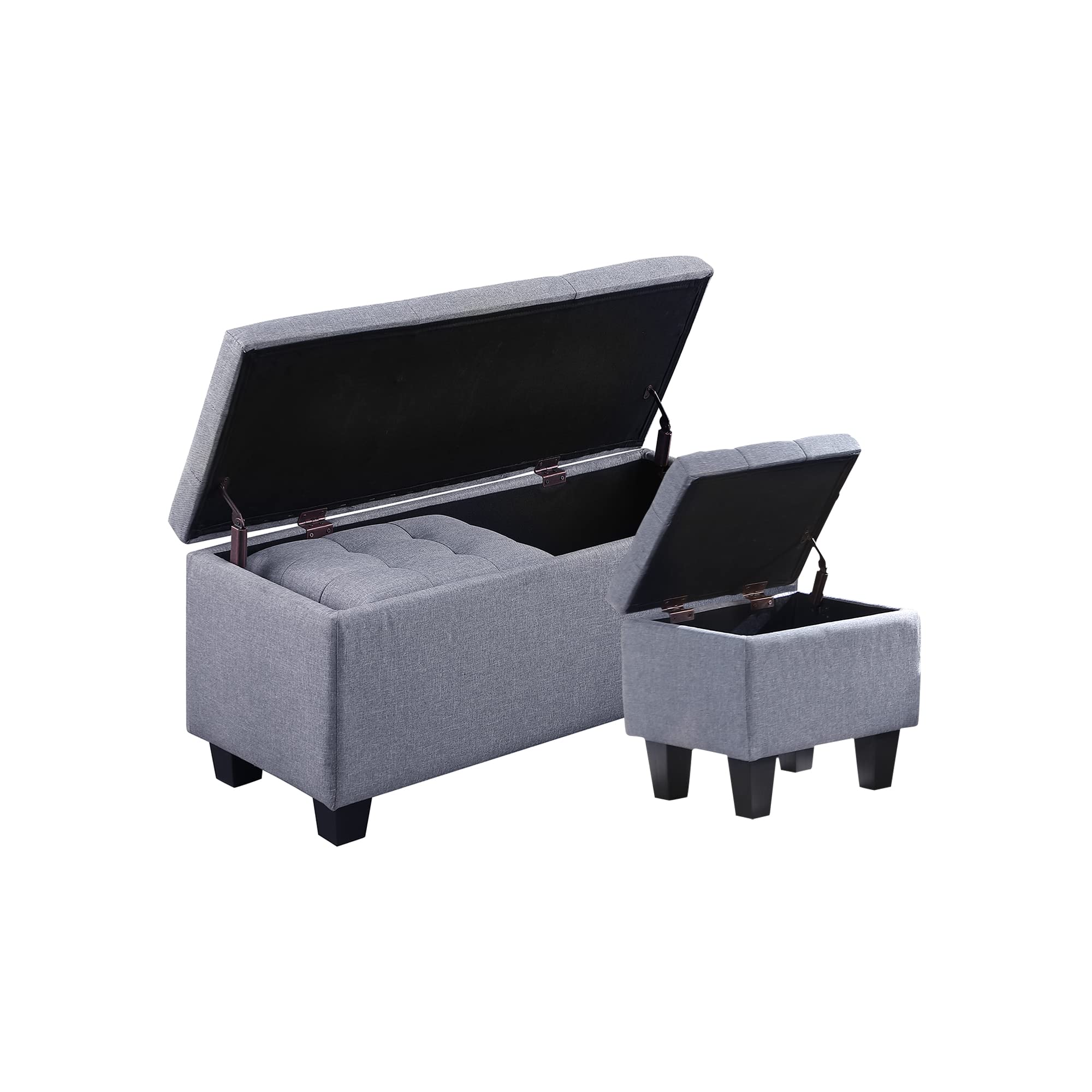 Tassullo Hinged Storage Ottoman Set of 3, 38'' Living Room Storage Bench with Thick Seating, 2pcs Small Square Dorm Stool Couch Side Foot Rest
