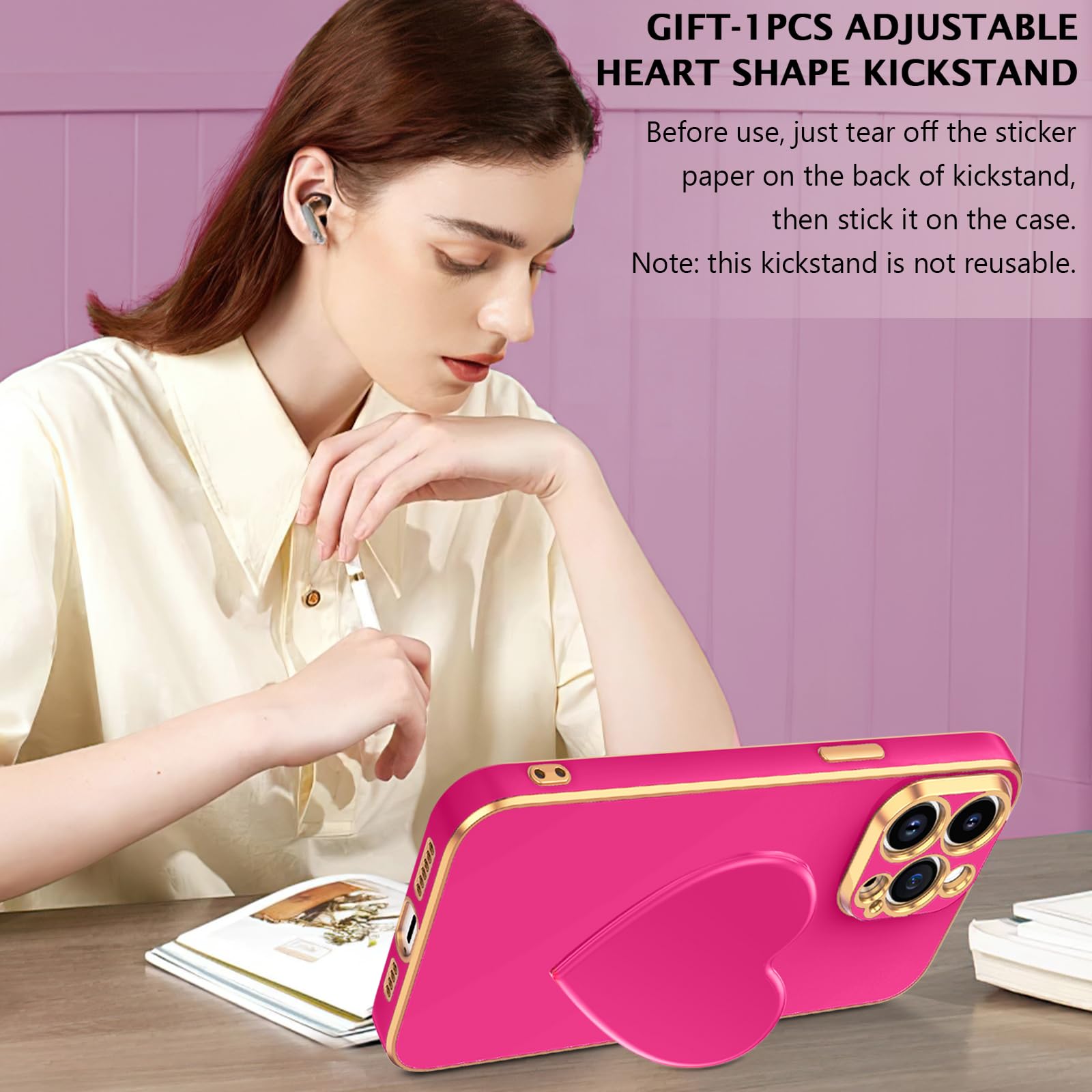 Telaso iPhone 13 Pro Max Case, iPhone 13 Pro Max Phone Case with Separate Love Heart Shape Kickstand Holder Soft TPU Plating Bumper Protective iPhone 13 Pro Max Phone Case for Girls Women, Hot Pink