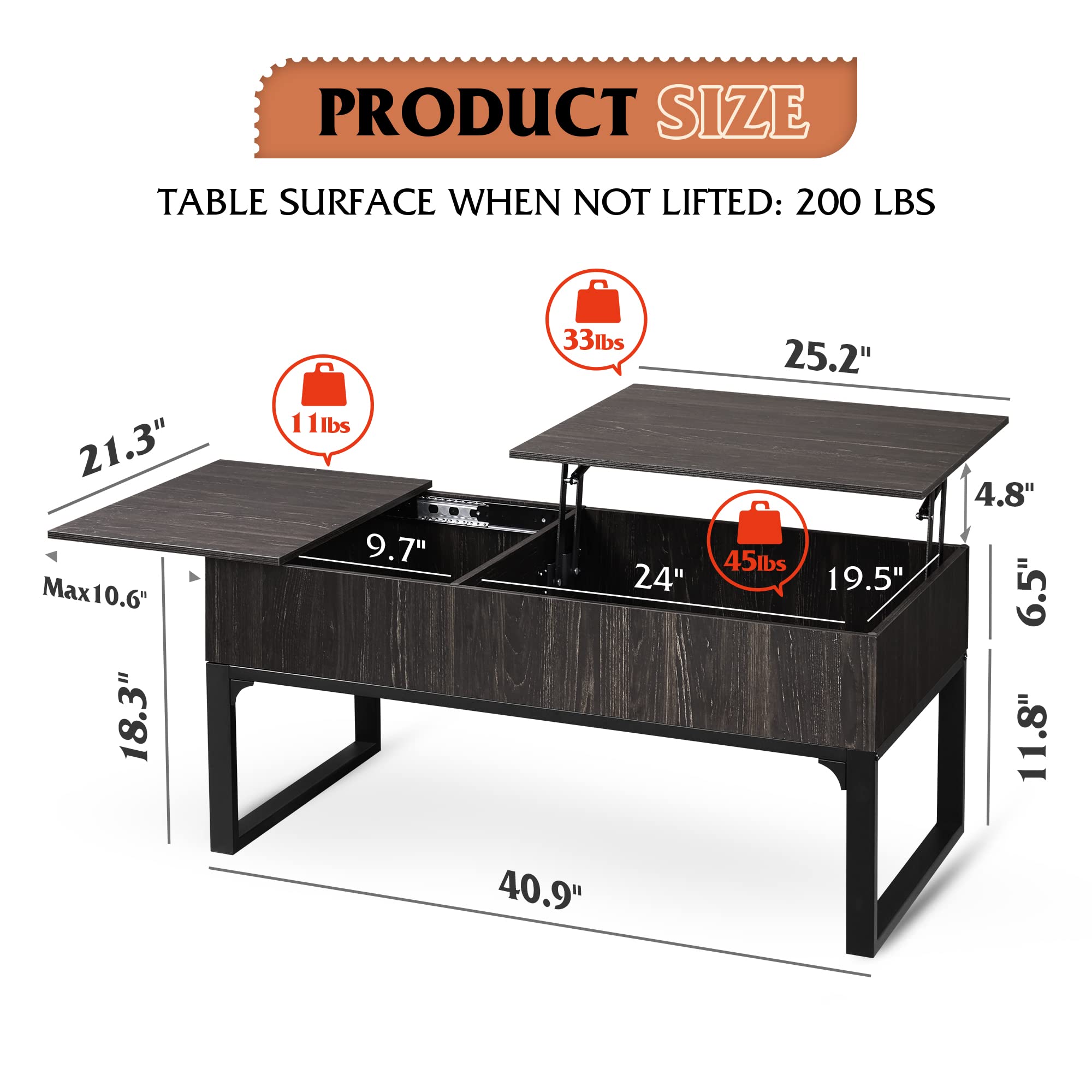 WLIVE Lift Top Coffee Table with Hidden Compartment, Cocktail Table, Rising Center for Living Room, Side Drawer and Metal Frame, Walnut Oak