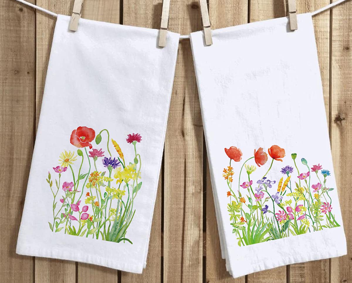 Watercolor Wild Flower Kitchen Dish Towel 18 x 28 Inch, Seasonal Spring Summer Floral Tea Towels Dish Cloth for Cooking Baking Housewarming Gift Set of 2